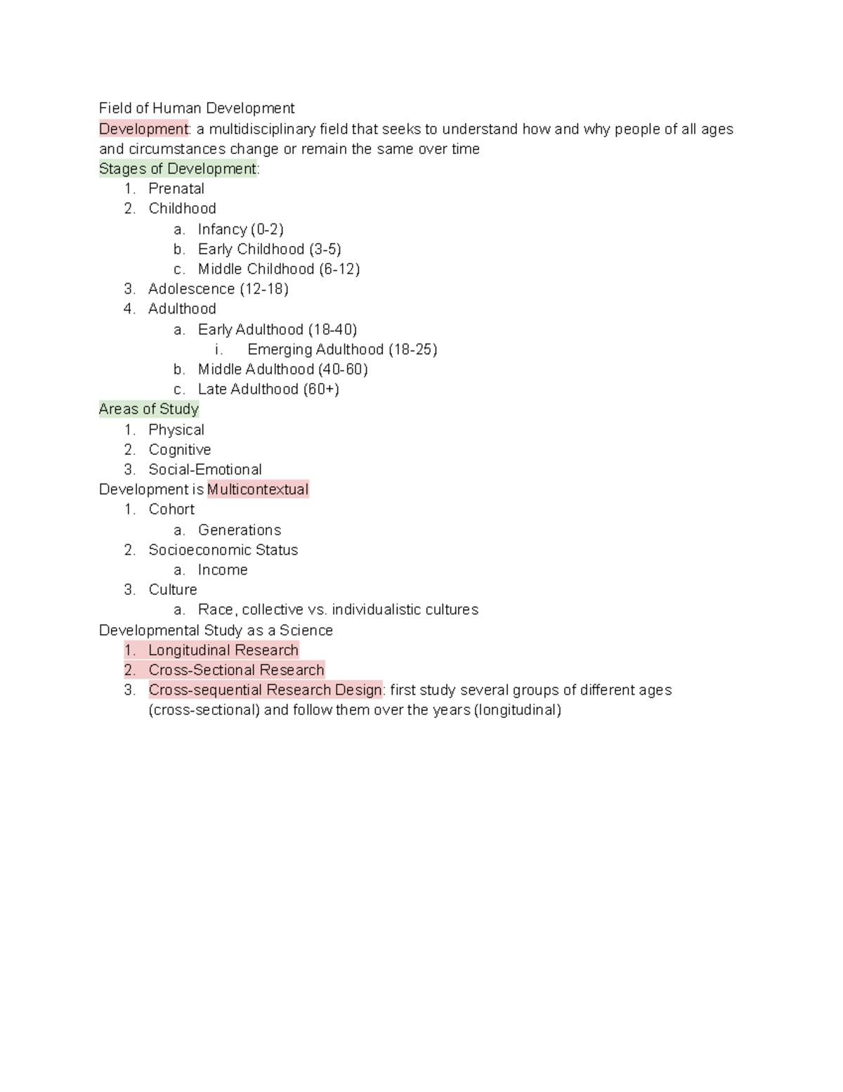 Individual and Family Development: Lifespan Notes 8/29 - Field of Human ...