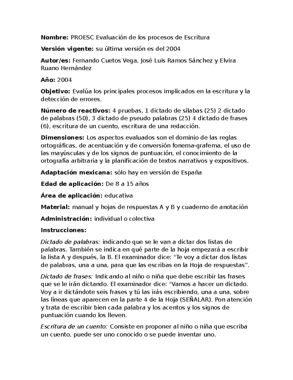 Proesc - Nombre: PROESC Evaluación de los procesos de Escritura Versión ...