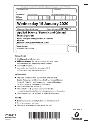 Question paper BTEC Applied Science 31617 H 1P Unit 1 Section C Jan ...