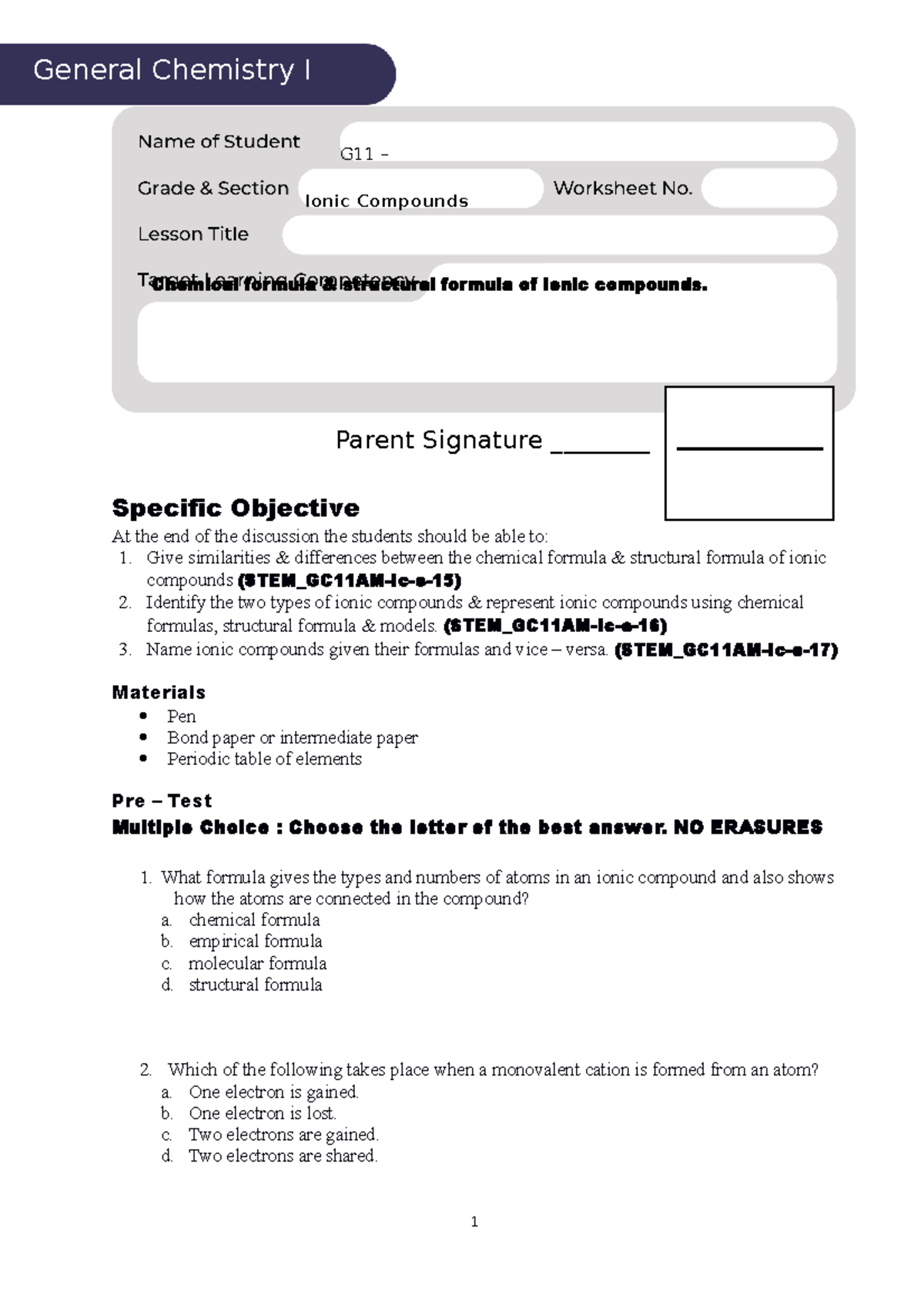 3 Ionic Compounds - Parent Signature ________ Specific Objective At the end of the discussion ...