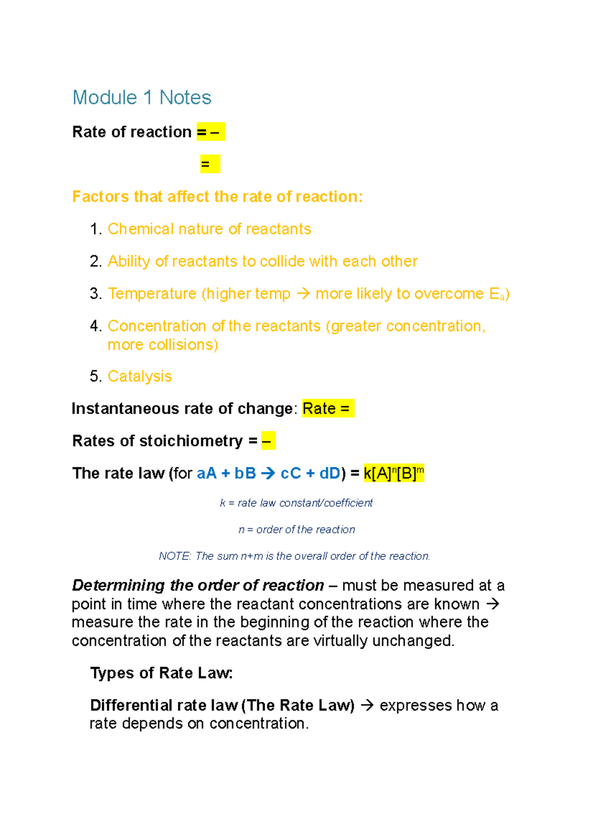 Module 1 CHEM1200 Notes - Module 1 Notes Rate of reaction = – = Factors ...