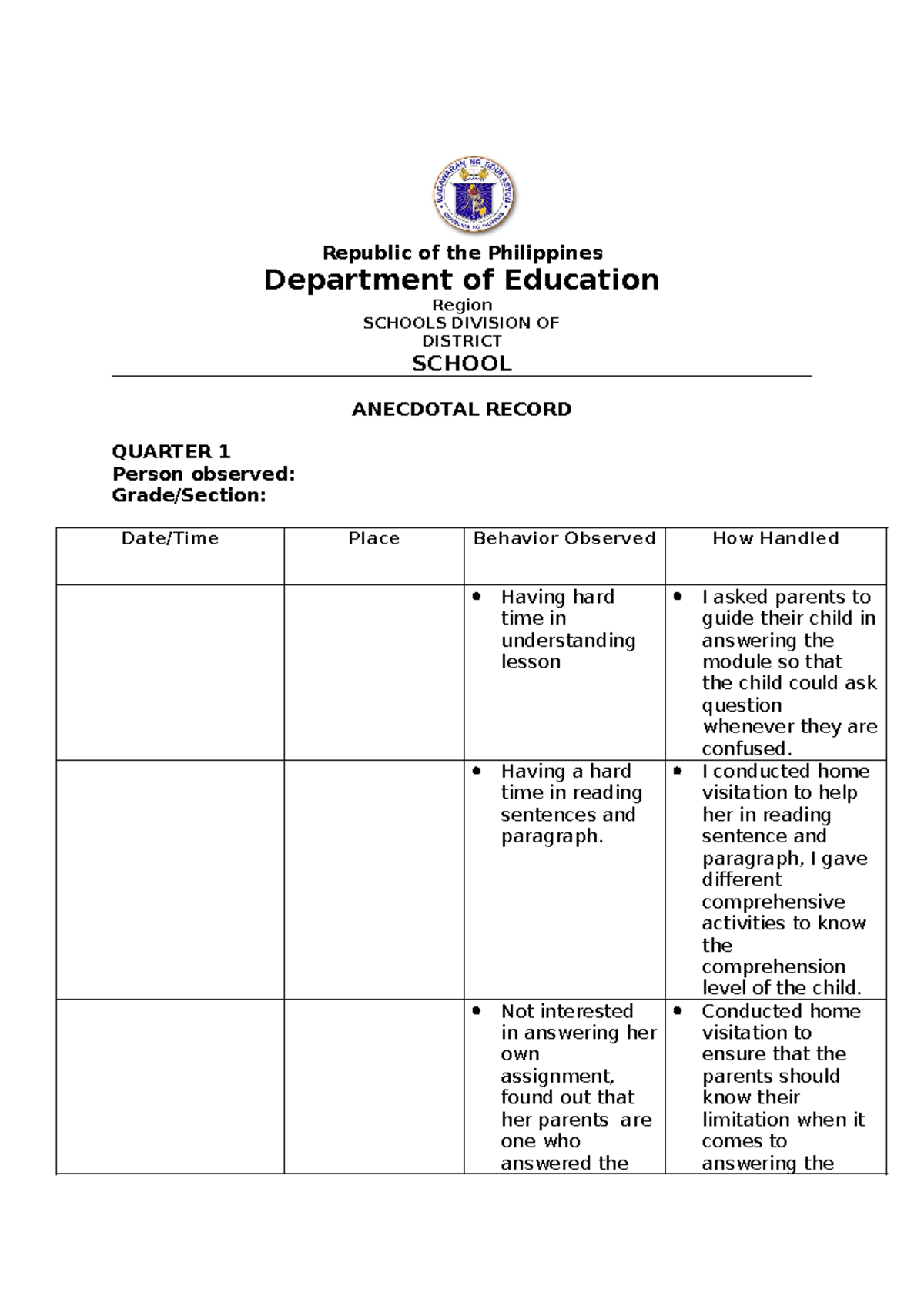 11 anecdotal report - Republic of the Philippines Department of ...