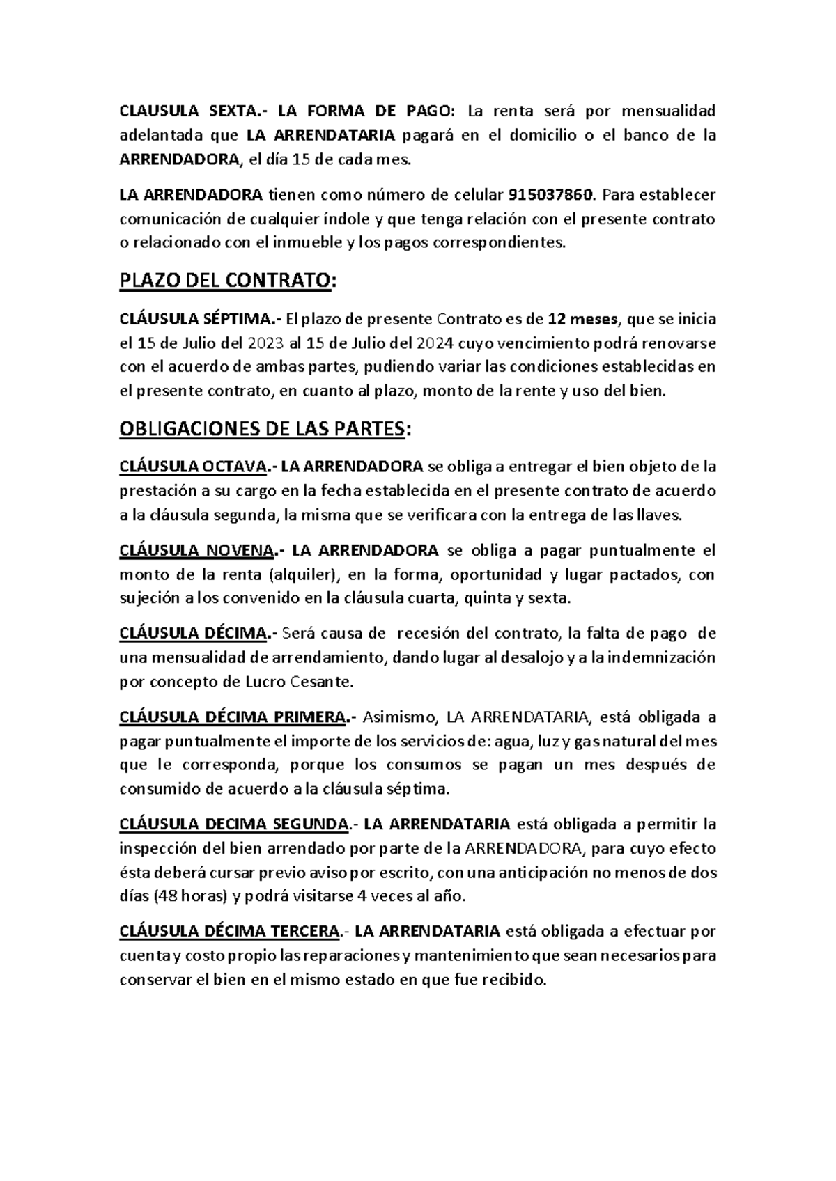 Contrato DE Departamento - CLAUSULA SEXTA.- LA FORMA DE PAGO: La renta ...