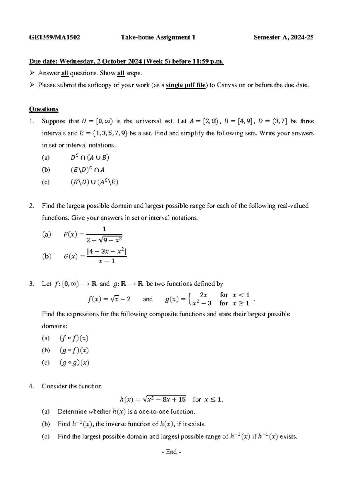 题目 - qqqqqq - GE1359/MA1502 Take-home Assignment 1 Semester A, 2024 ...