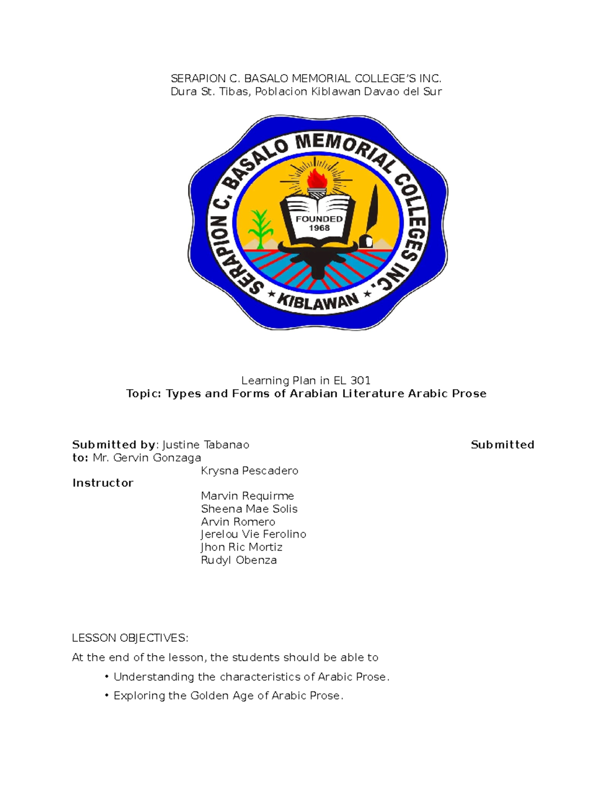 Inbound lecture - SERAPION C. BASALO MEMORIAL COLLEGE’S INC. Dura St ...