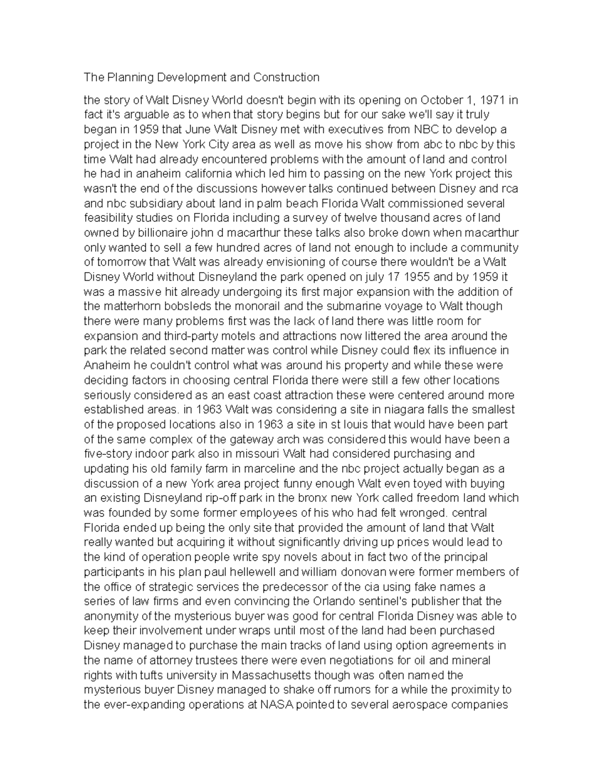 The Planning Development and Construction - Walt Disney World - History ...