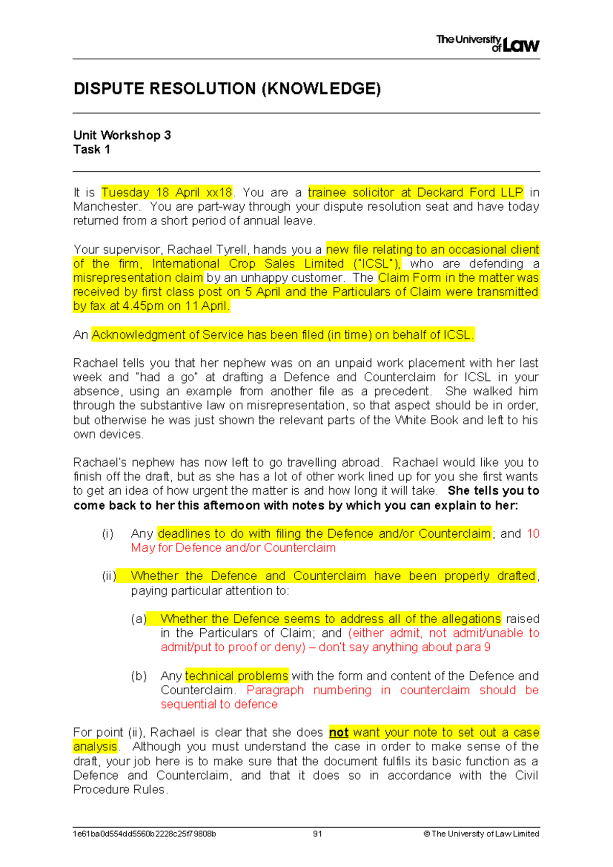 Workshop 3 Task 1 - notes - DISPUTE RESOLUTION (KNOWLEDGE) Unit ...
