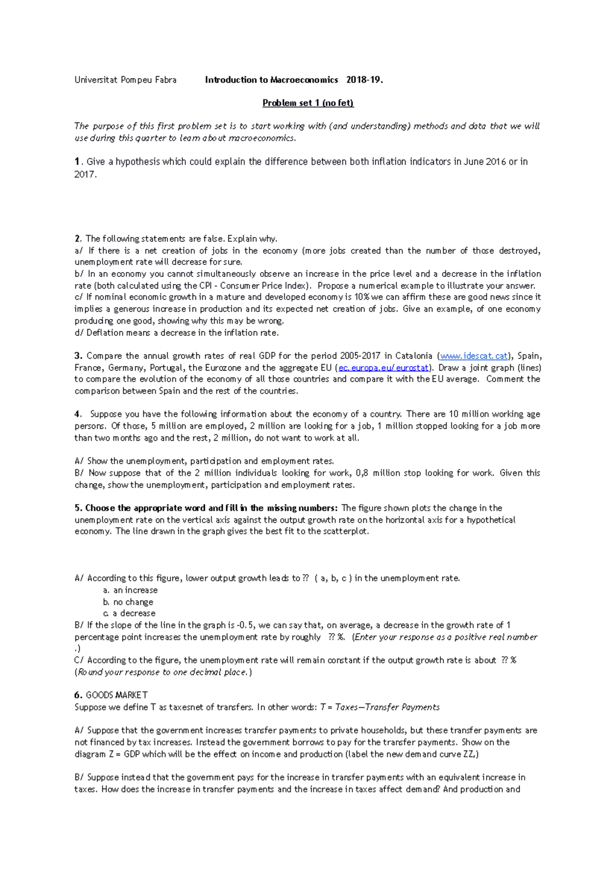 Problem Set 1 Intro Macro - Universitat Pompeu Fabra Introduction to Macroeconomics 2018-19 ...