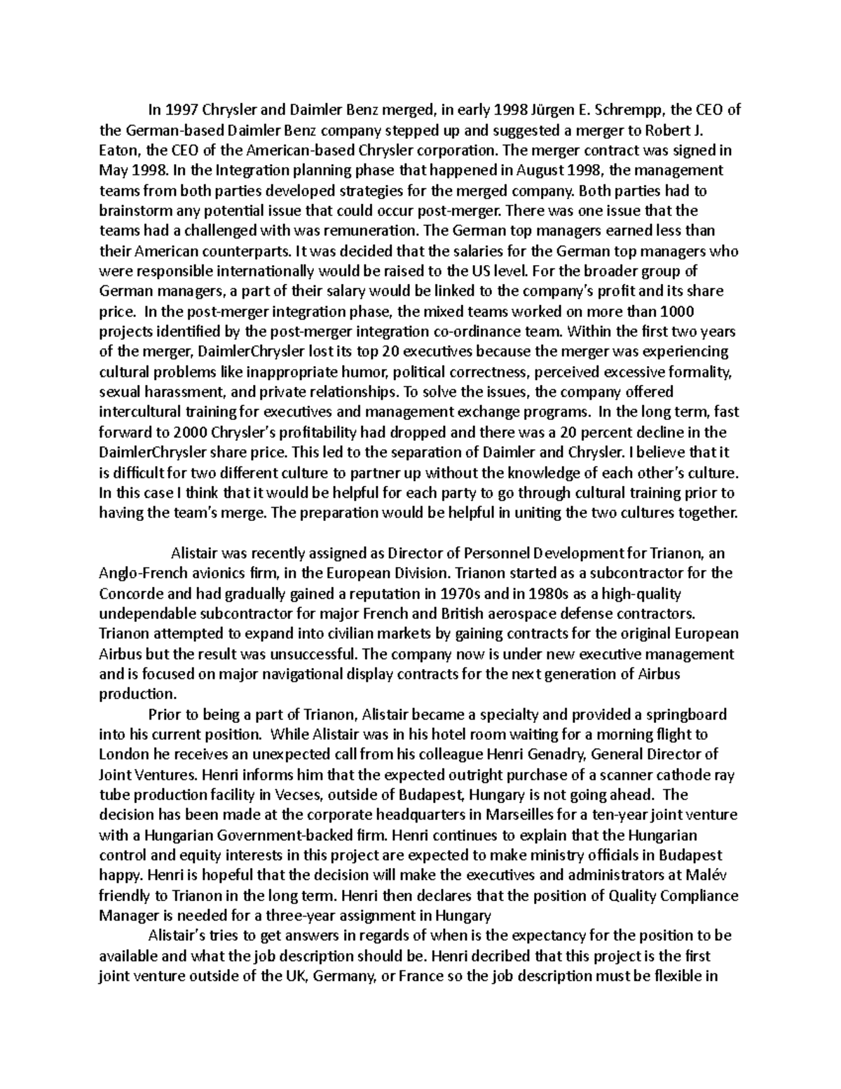 Textbook Case Study - In 1997 Chrysler and Daimler Benz merged, in ...