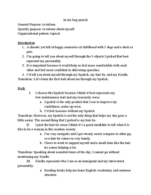 In My Bag Speech Outline - “In My Bag” Speech General Purpose: To ...