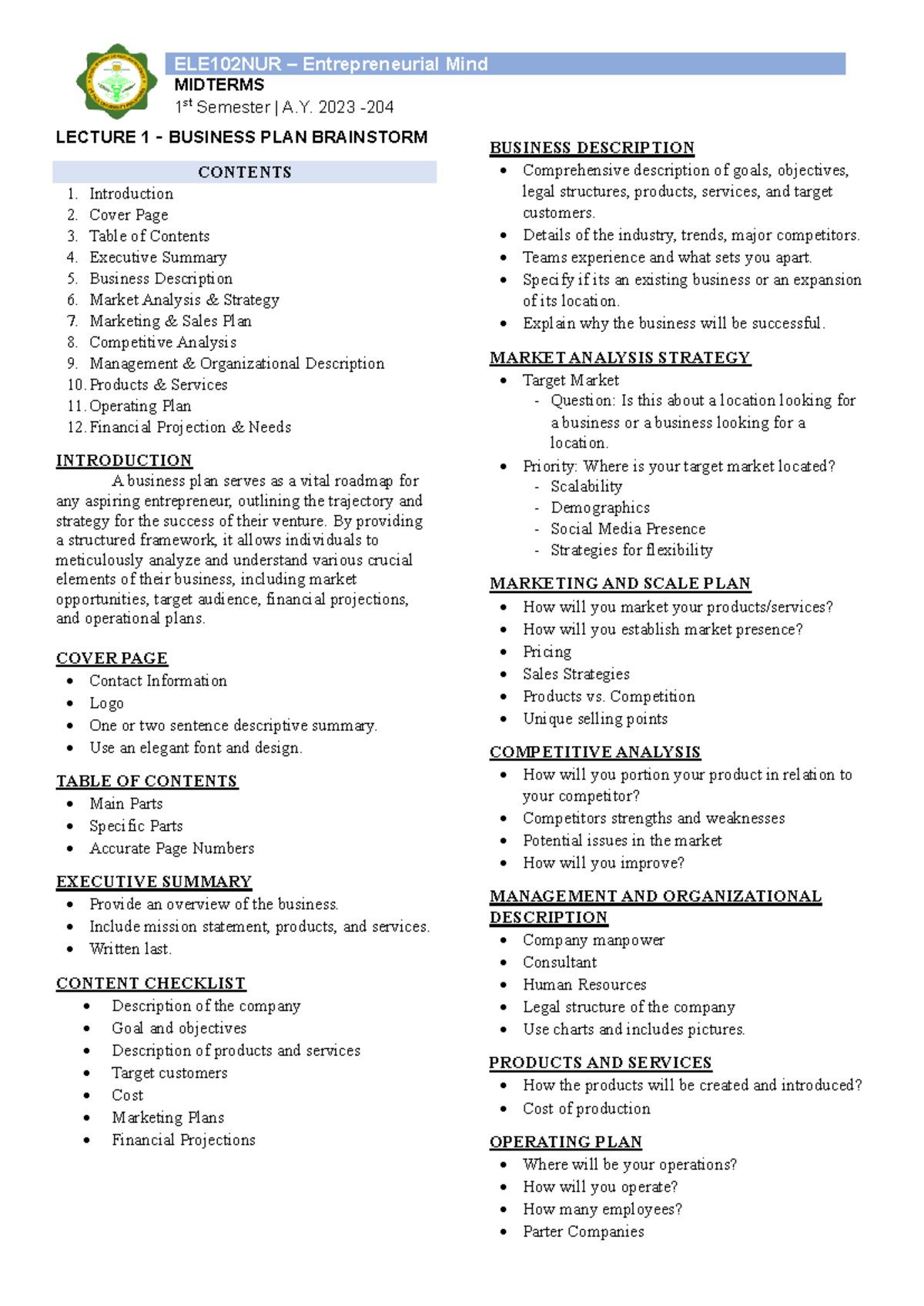 ELE102NUR Trans - BUSINESS PLAN BRAINSTORM Go Negosyo Formula • Issues ...