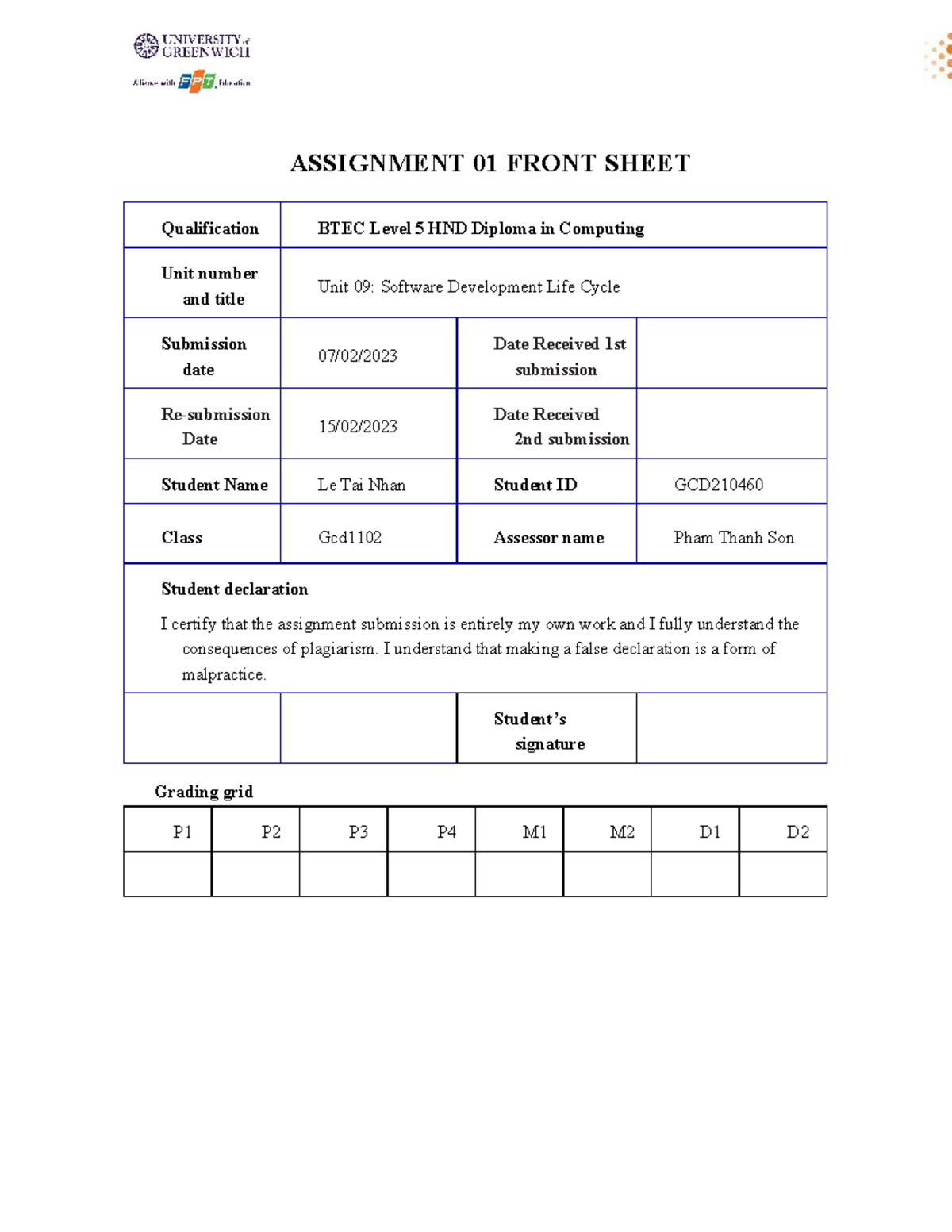 1631 ASM1RE Le Tai Nhan GCD210460 GCD1102 - ASSIGNMENT 01 FRONT SHEET Qualification BTEC Level 5 ...