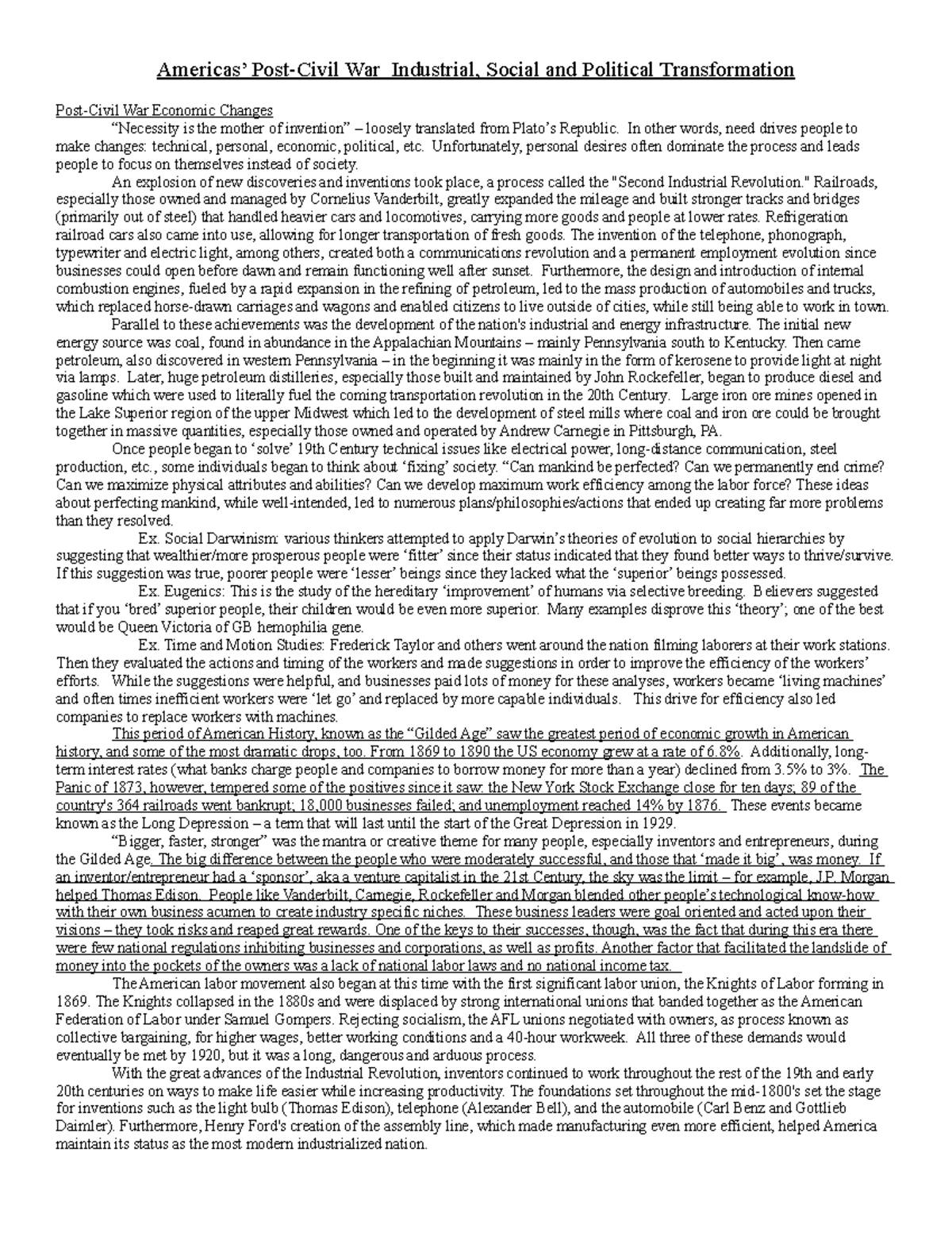 2017 18 Post Civil War Industrial Economic Social Changes - Americas ...