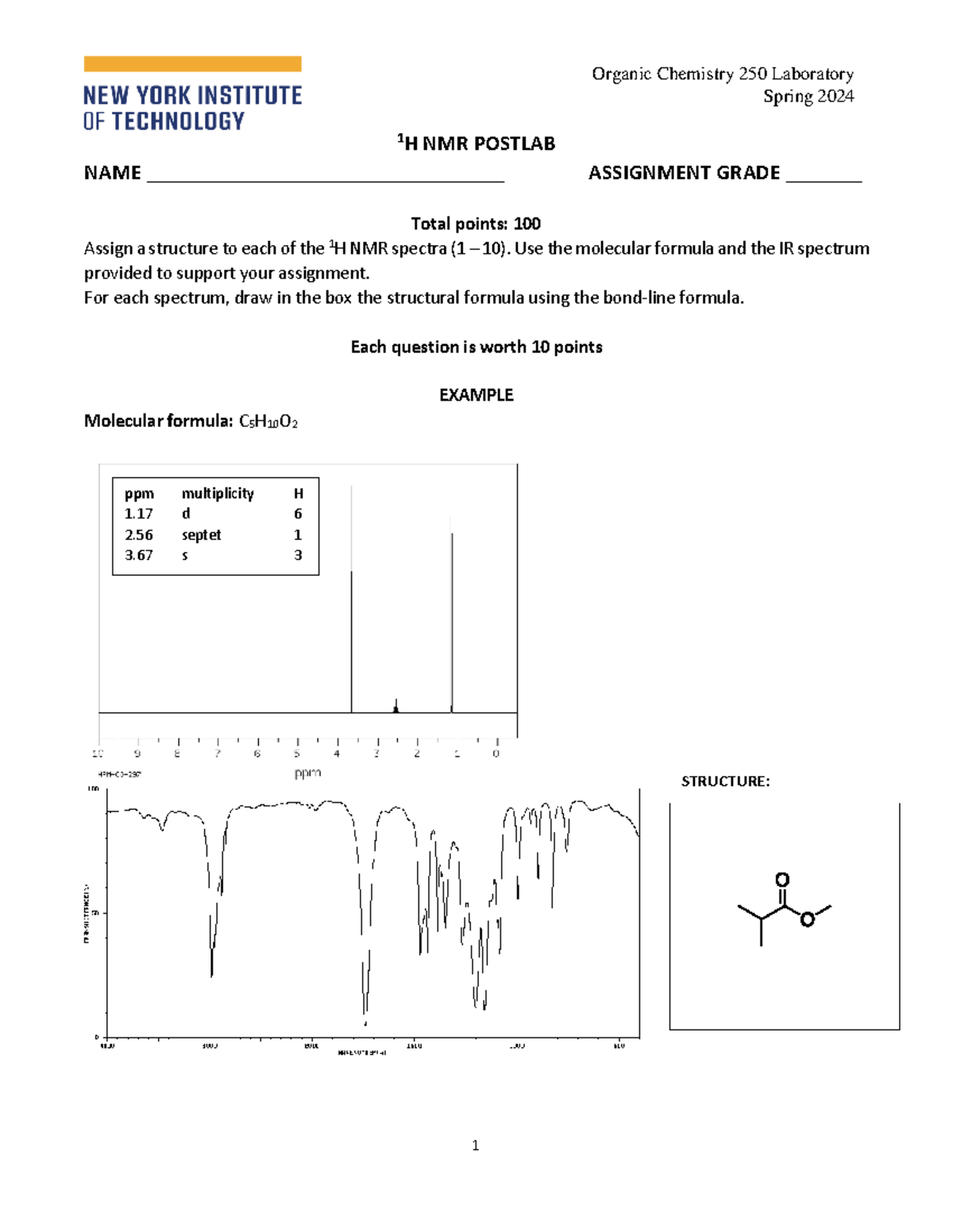 1H NMR postlab A SP24 - Practice - Spring 202 4 1 H NMR POSTLAB NAME - Studocu