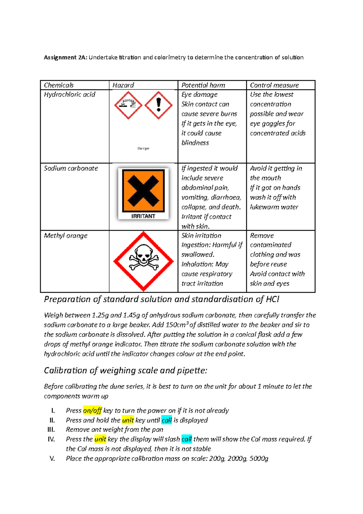 Assignment 2A - Final student - Assignment 2A: Undertake titration and ...