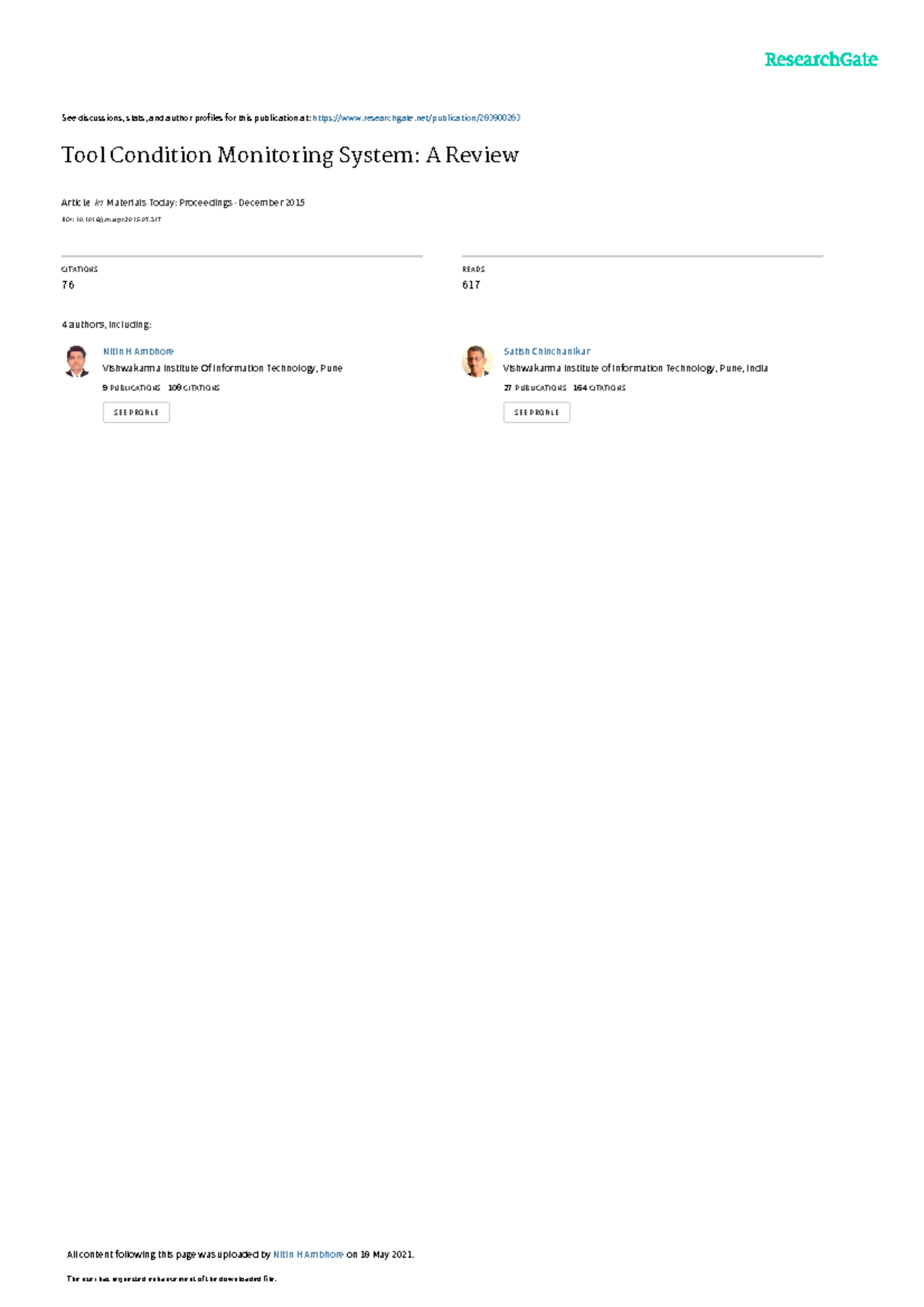 Tool Condition Monitoring System A Review See Discussions Stats And Author Profiles For