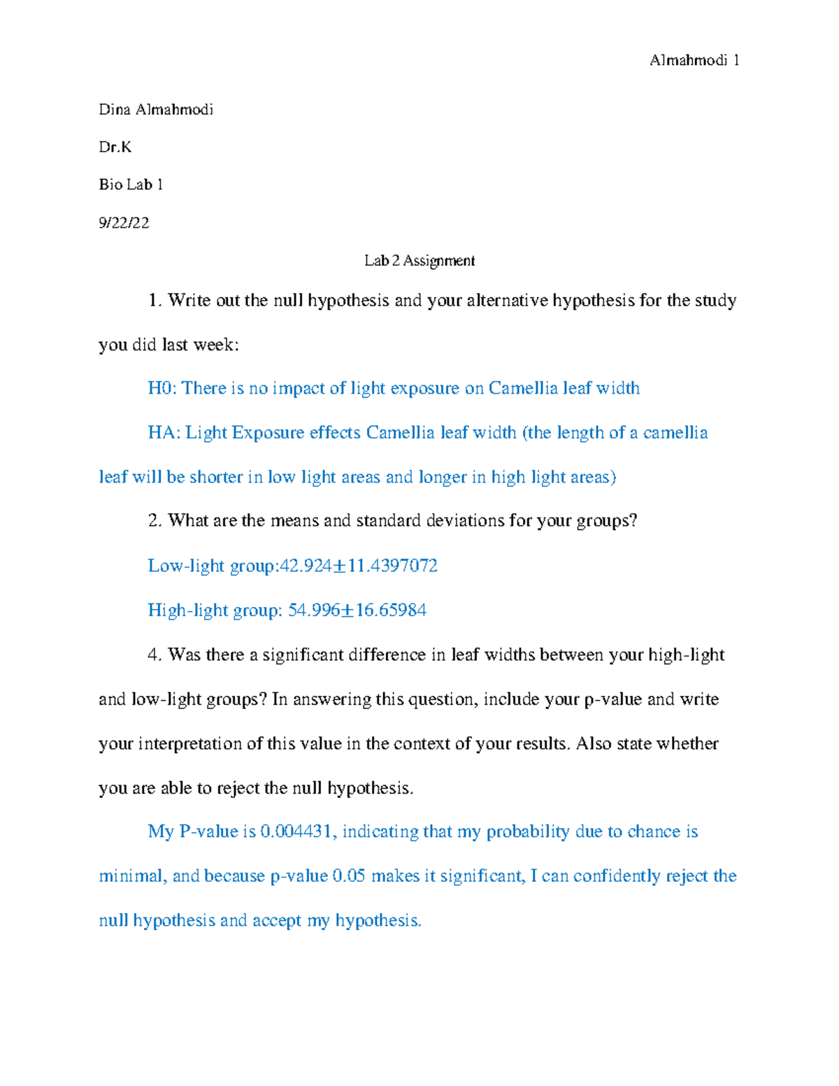 Lab Assignment for Bio 1 - Almahmodi 1 Dina Almahmodi Dr Bio Lab 1 9/22 ...