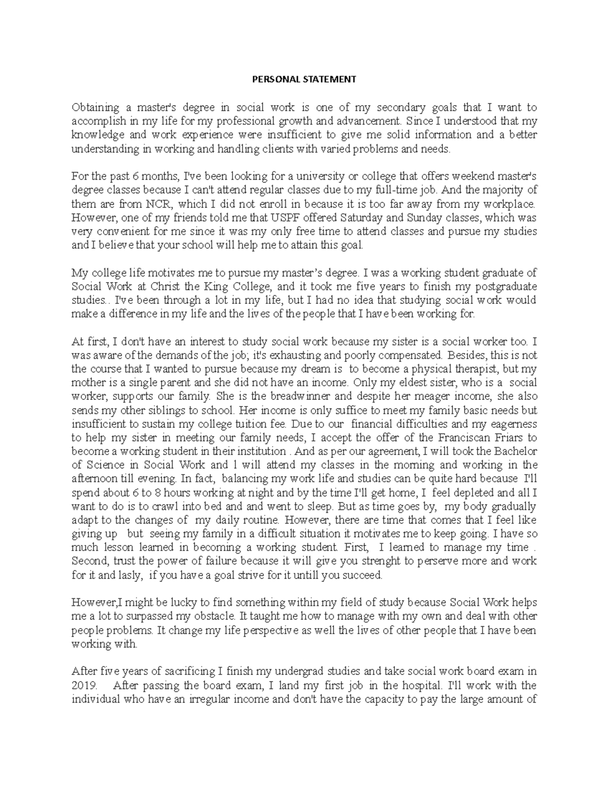 Personal- Statement - Read - PERSONAL STATEMENT Obtaining a master's ...