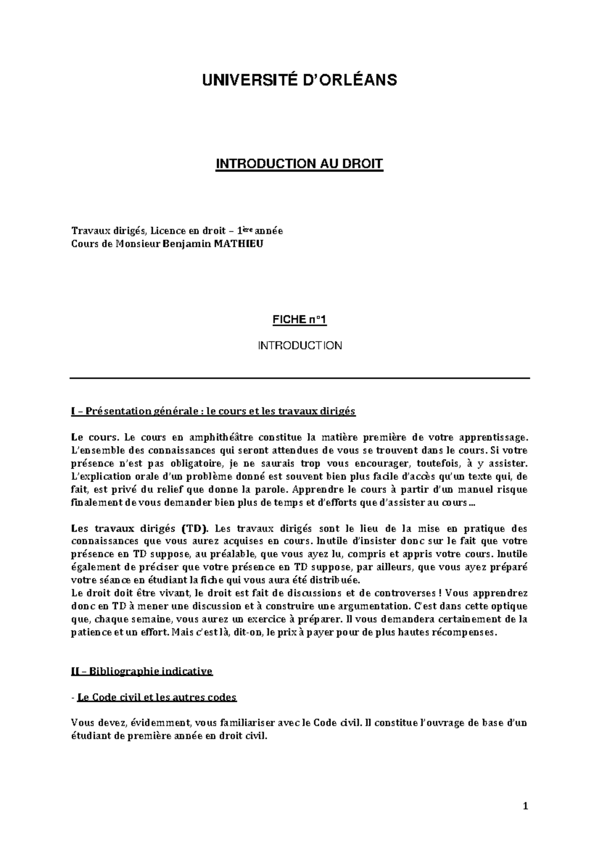 Introduction au droit - Fiche n°1 - Introduction - UNIVERSITÉ D’ORLÉANS INTRODUCTION AU DROIT ...