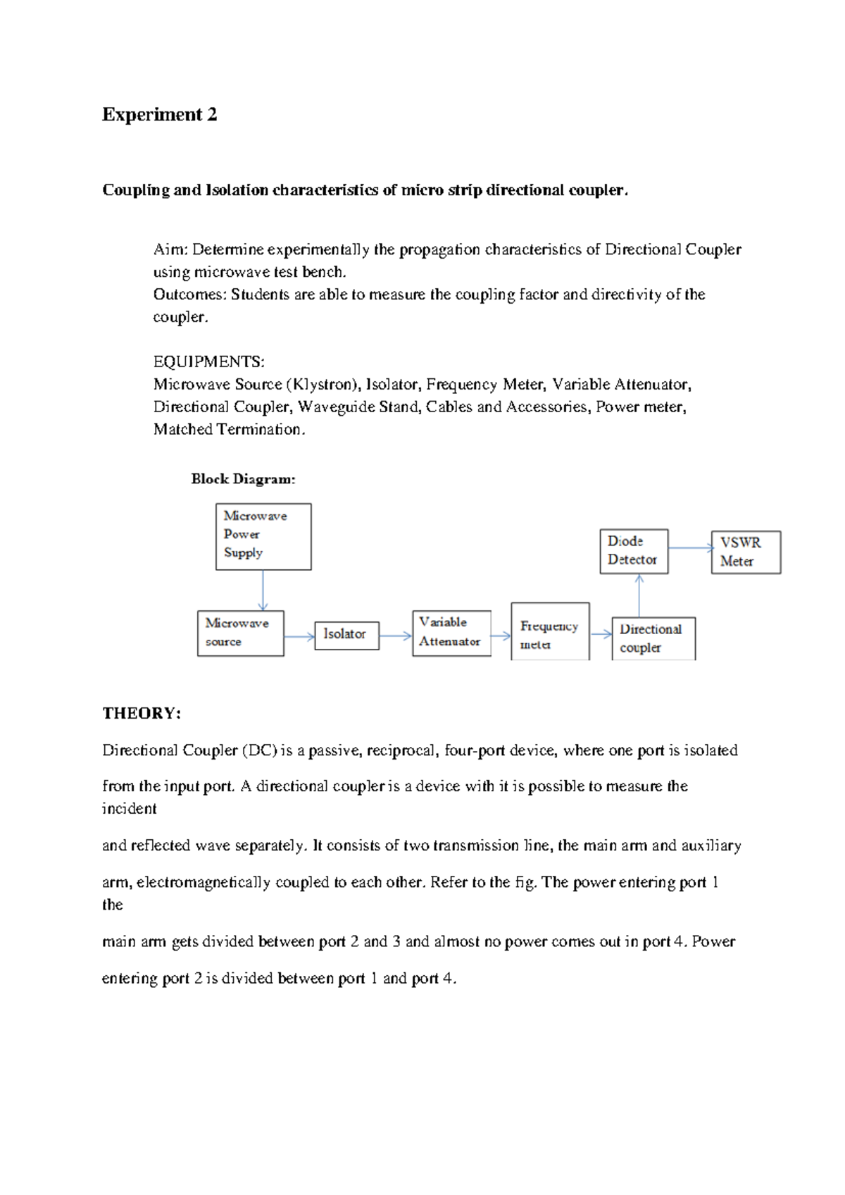 Microwave theory - Experiment 2 Coupling and Isolation characteristics ...