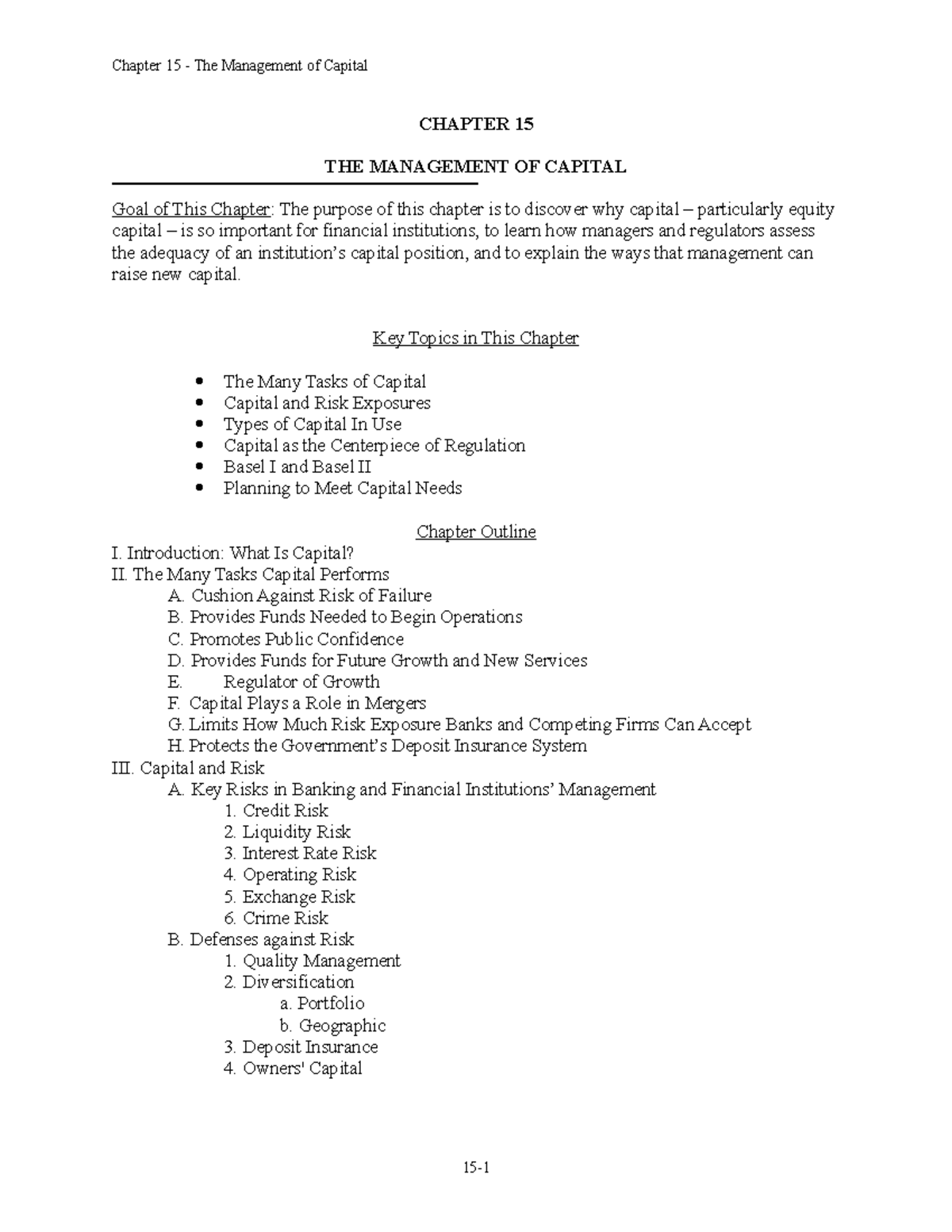 Capital management for banks - CHAPTER 15 THE MANAGEMENT OF CAPITAL ...