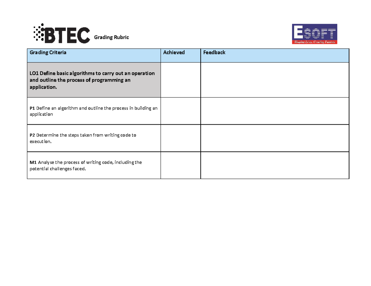 Grading Rubic for Programming - Grading Rubric Grading Criteria Achieved Feedback LO1 Define ...