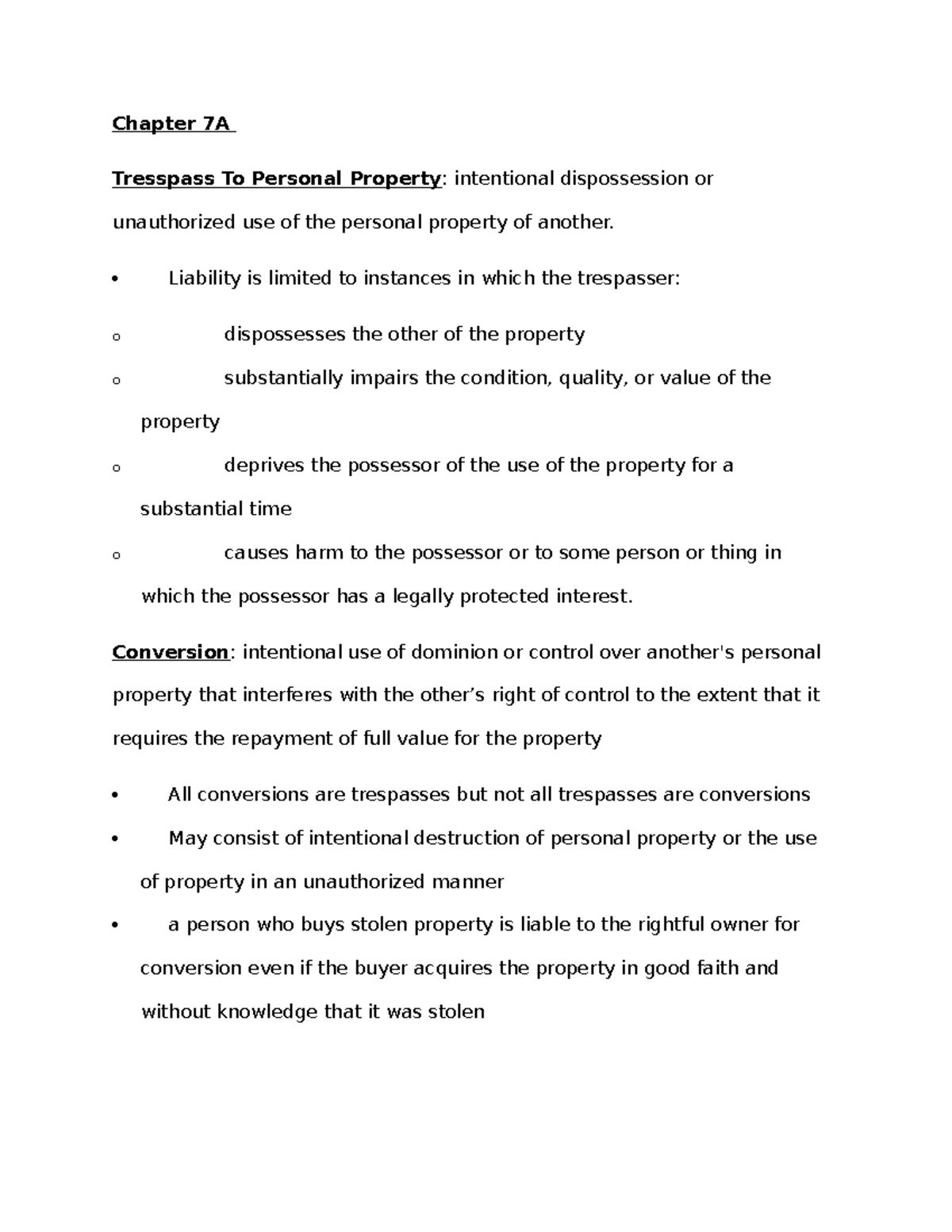 Chapter 7A business law - Chapter 7A Tresspass To Personal Property ...