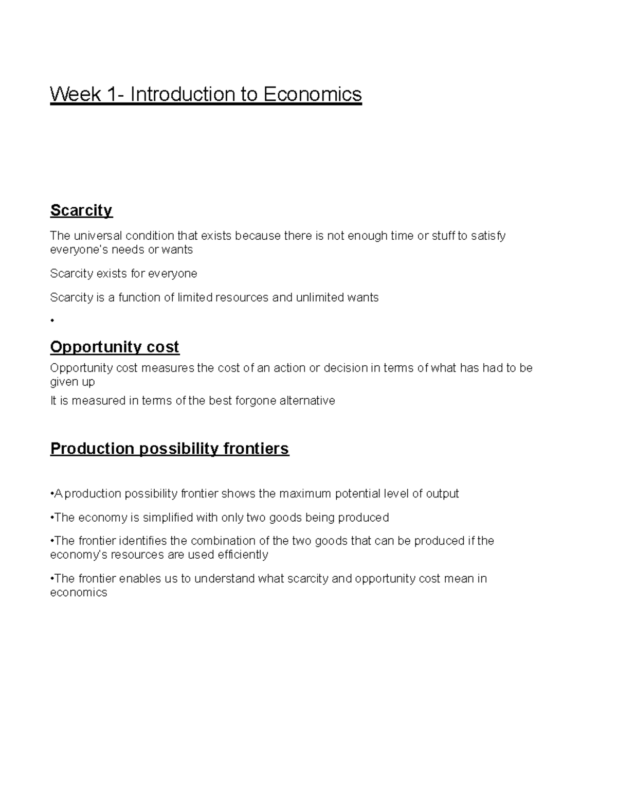 Economics UNI - Week 1- Introduction to Economics Scarcity The ...
