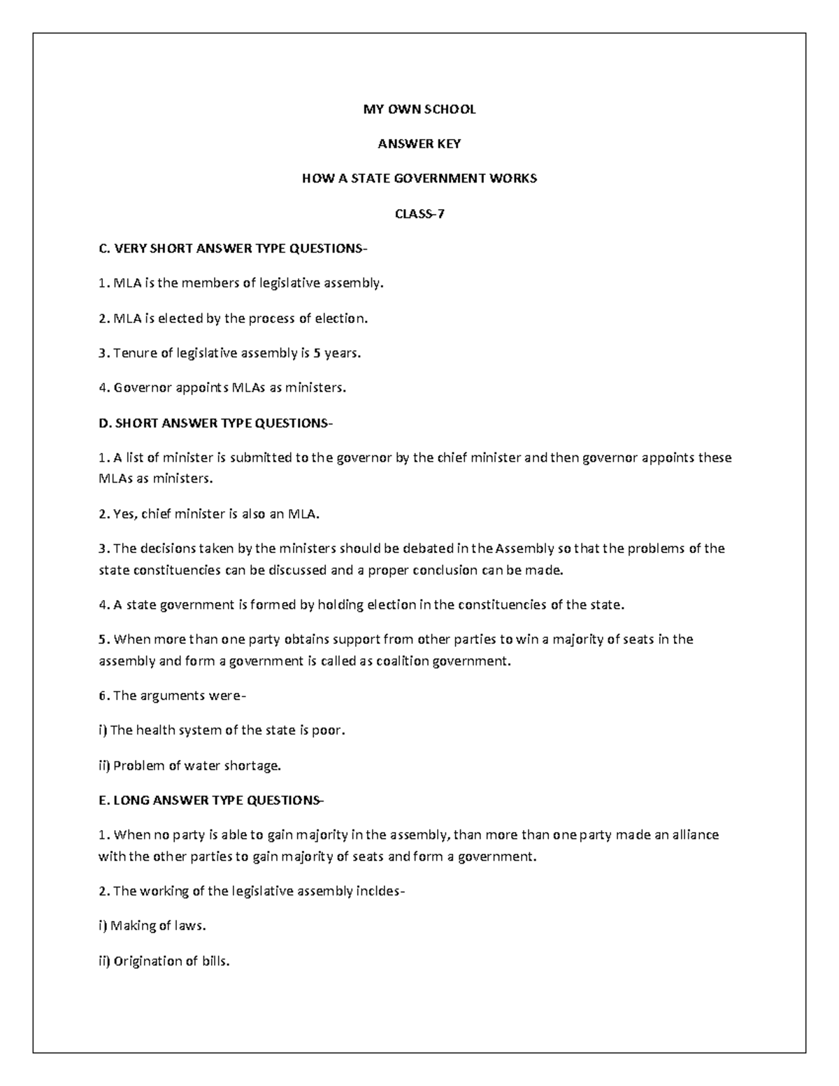 Answer KEY HOW A State Govenment Works-converted - MY OWN SCHOOL ANSWER ...