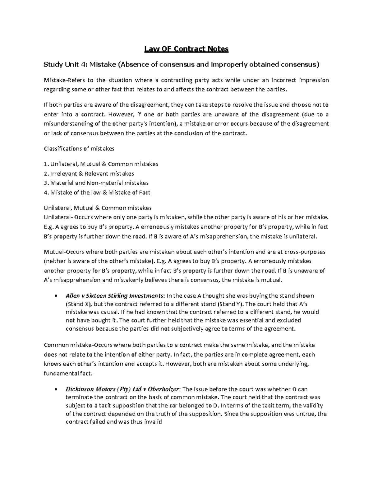 Law of contract notes - Law OF Contract Notes Study Unit 4: Mistake ...
