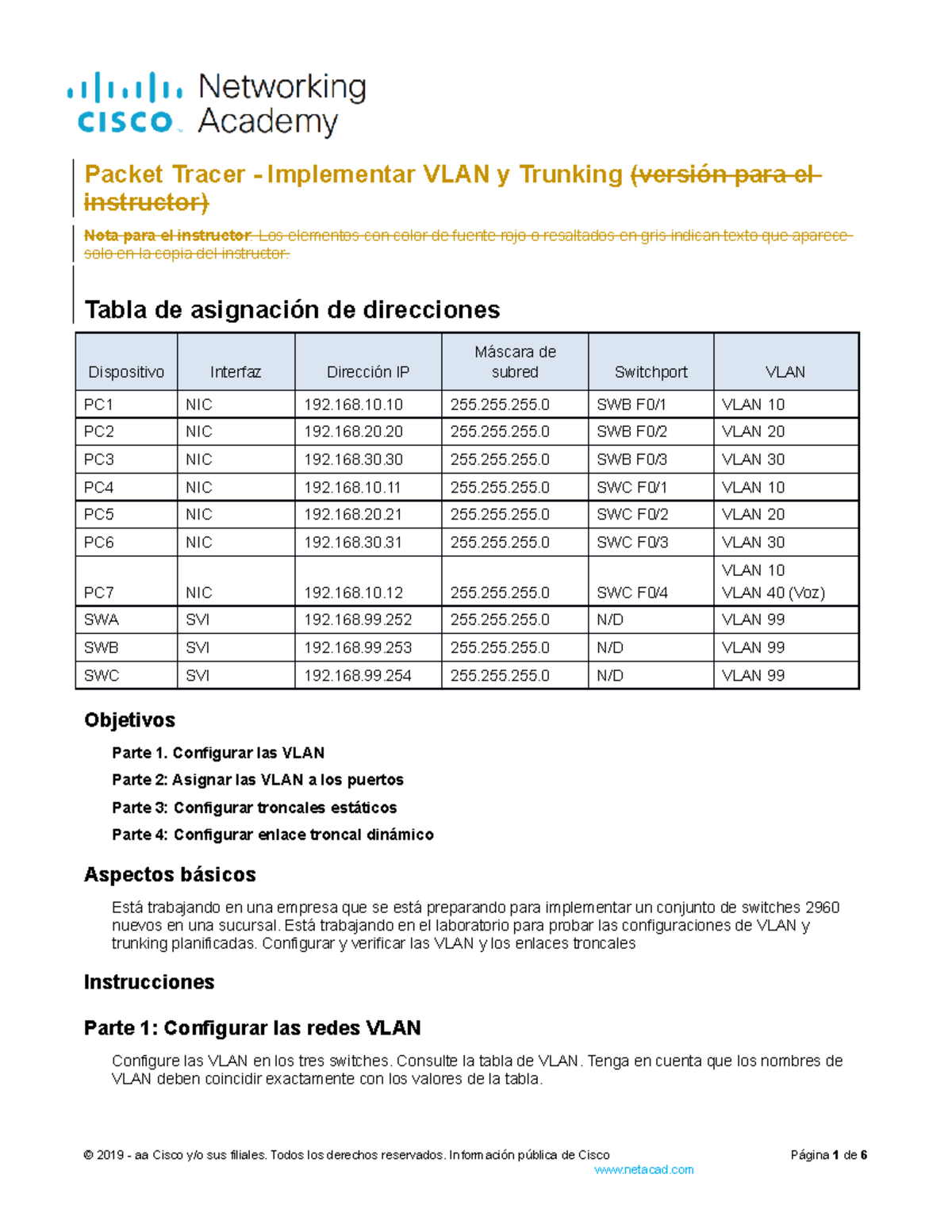 3.6.1 Packet Tracer - Implement VLANs and Trunking - Packet Tracer - Implementar VLAN y Trunking ...