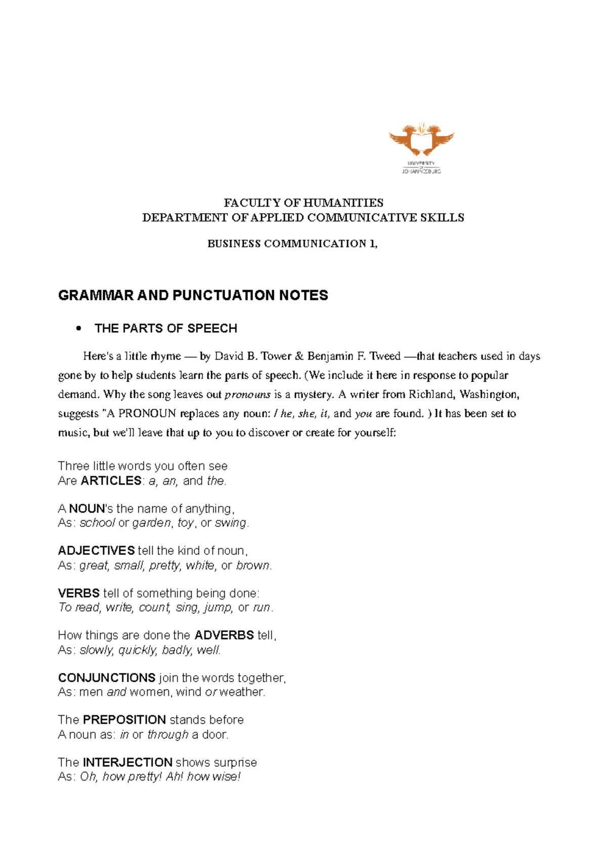 Grammar AND Punctuation Notes FOR Edulink - FACULTY OF HUMANITIES ...