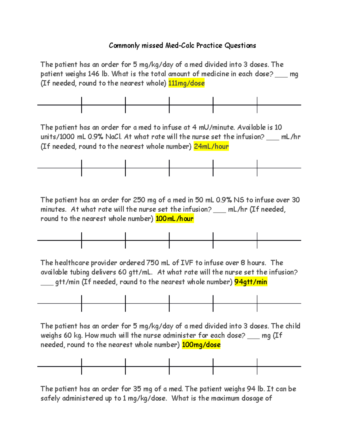 Commonly Missed Med Calc Practice Questions - Commonly missed Med-Calc ...