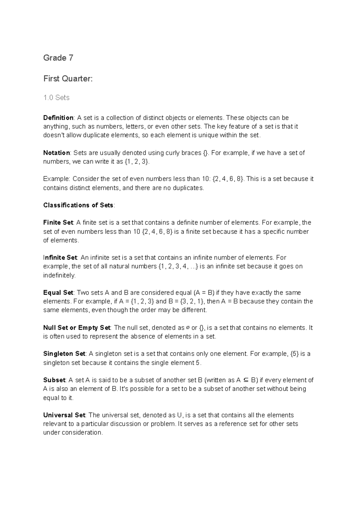 Grade 7 Math Lessons - Grade 7 First Quarter: 1 Sets Definition: A set ...