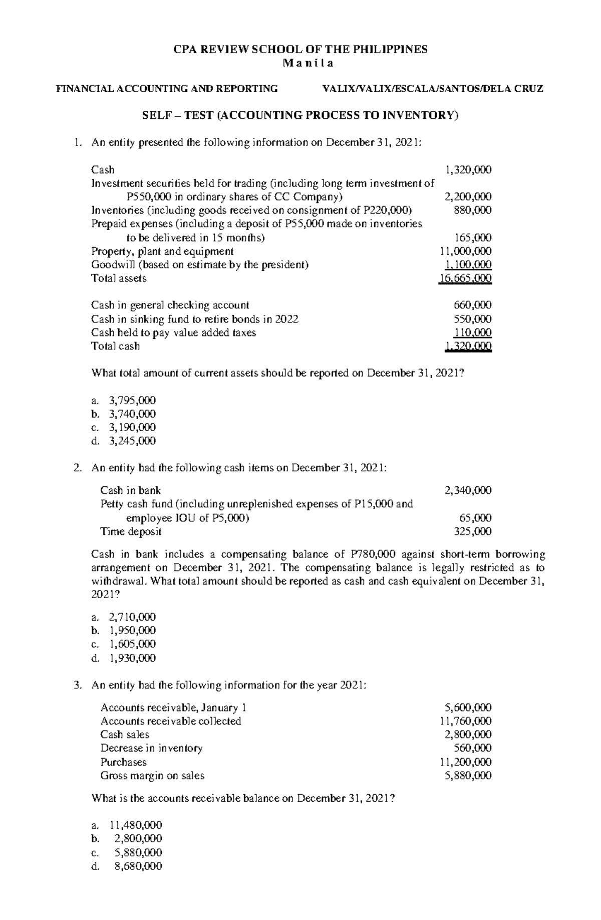 Self Test for Week 1 to 3 - Summary - CPA REVIEW SCHOOL OF THE ...