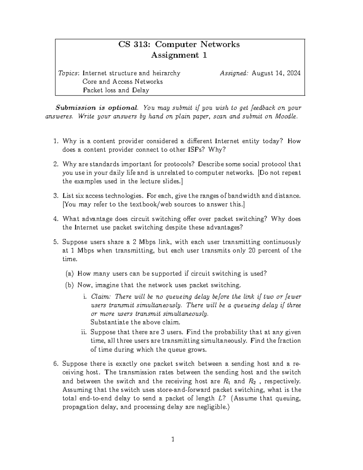 CS313 Assignment 1 Aug Dec 2024 - CS 313: Computer Networks Assignment 1 Topics: Internet ...