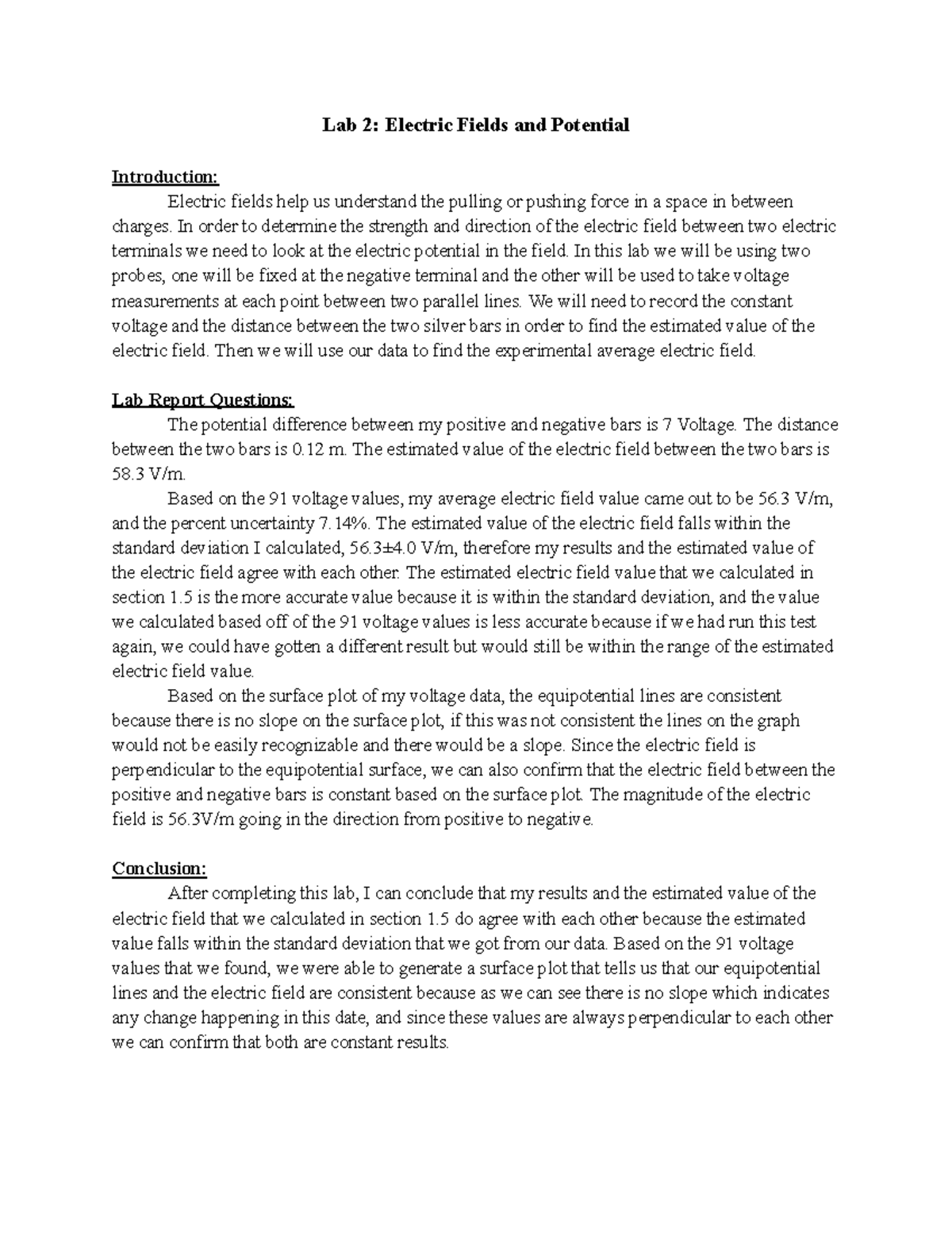 Lab Report 2 - lab work - Lab 2: Electric Fields and Potential Introduction: Electric fields ...