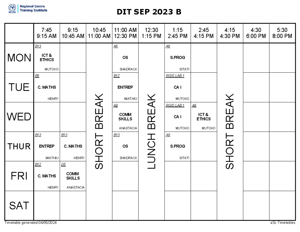 DIT SEP 2023 B - lecture - Timetable generated:04/05/2024 aSc ...