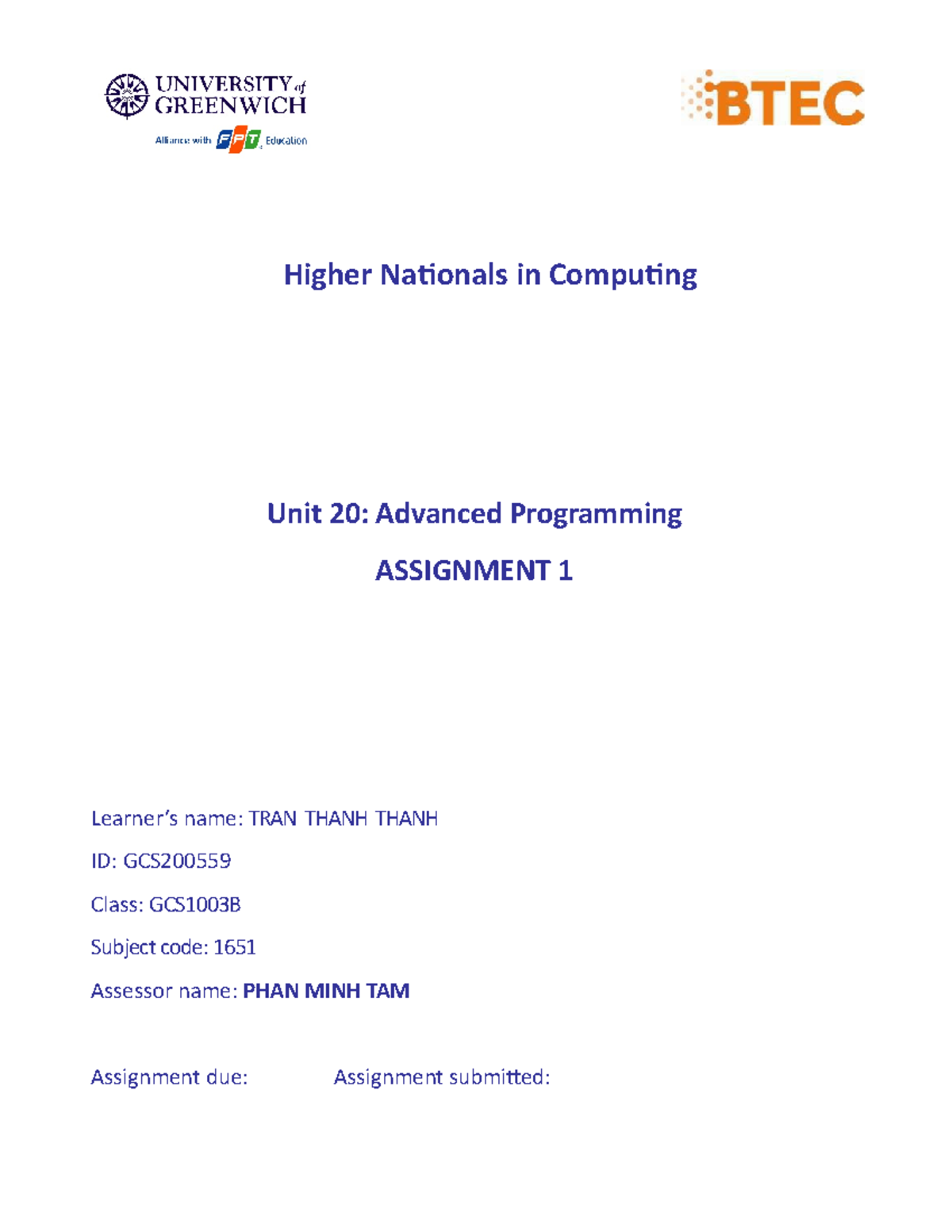 1651 - Student ID - Assignment 1 - Higher Nationals in Computing Unit 20: Advanced Programming ...