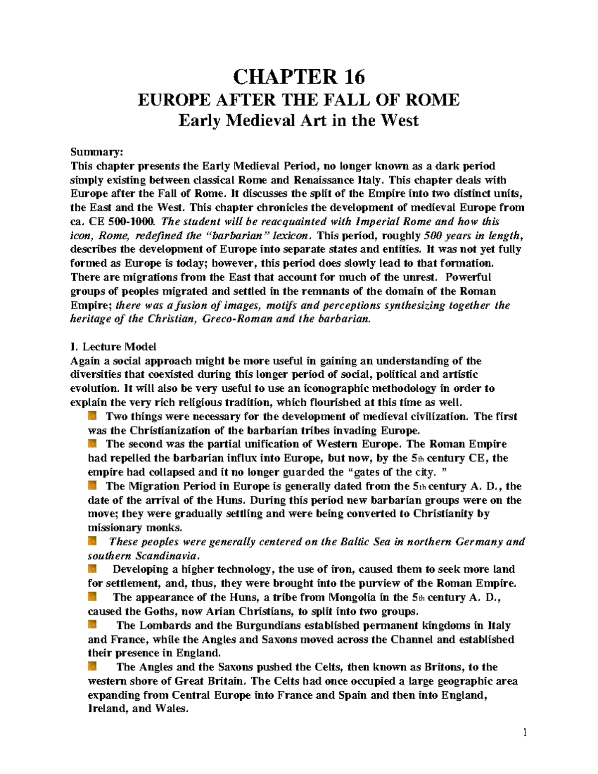 Chapter 16 Lectures - CHAPTER 16 EUROPE AFTER THE FALL OF ROME Early ...