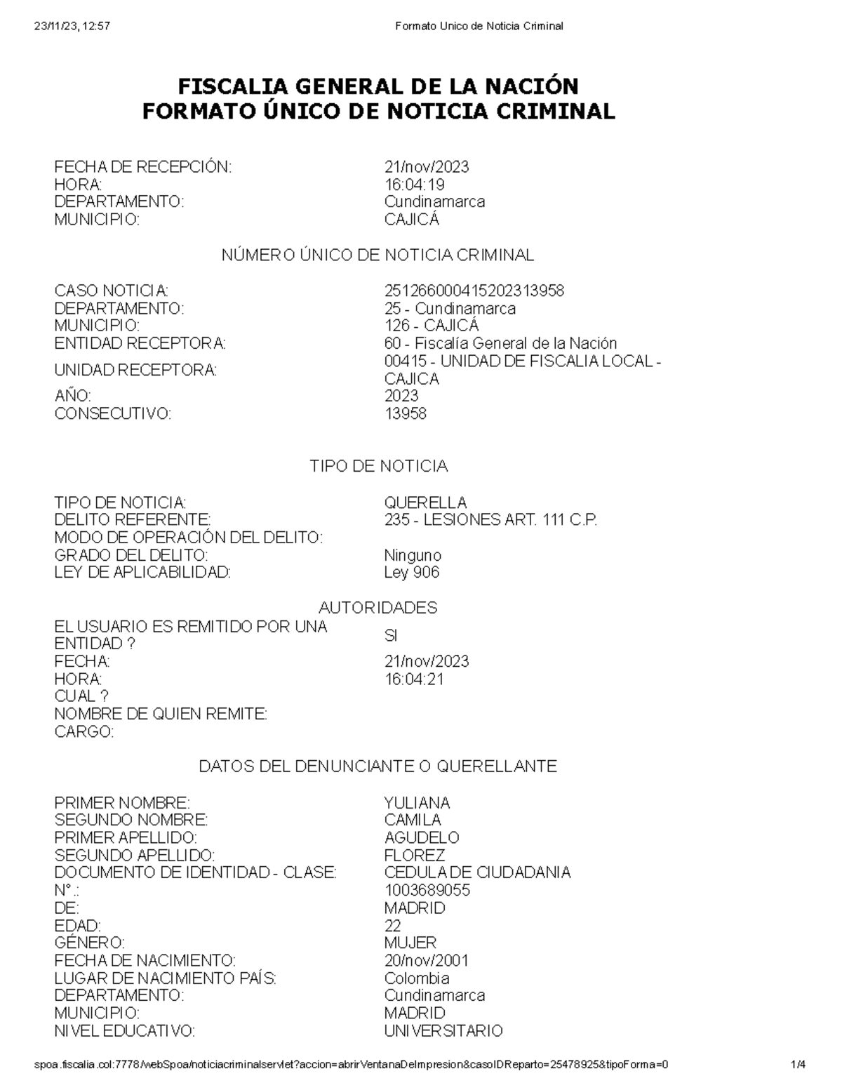Formato Unico de Noticia Criminal - FISCALIA GENERAL DE LA NACIÓN ...