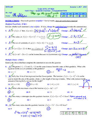 2018-01-12-Solutions-Unit 5 - Quadratic Functions - Major Test 2 ...