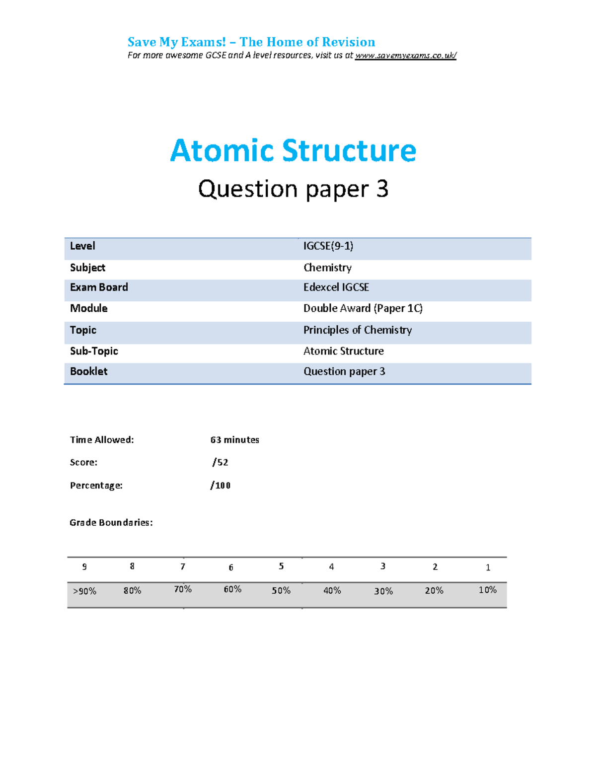 Atomic Structure-Questions 3 - For more awesome GCSE and A level ...