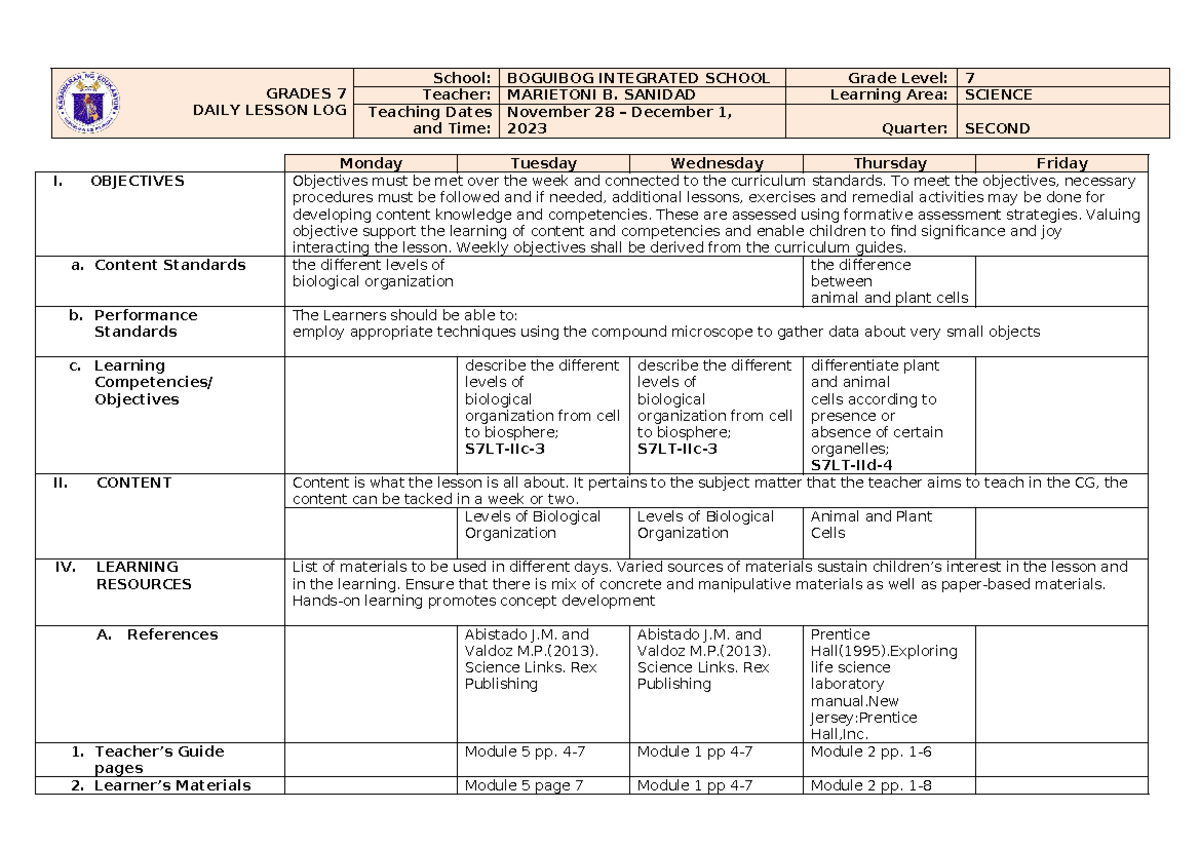 Q2 Science 7 November 28 - Dec 1, 2023 - GRADES 7 DAILY LESSON LOG ...