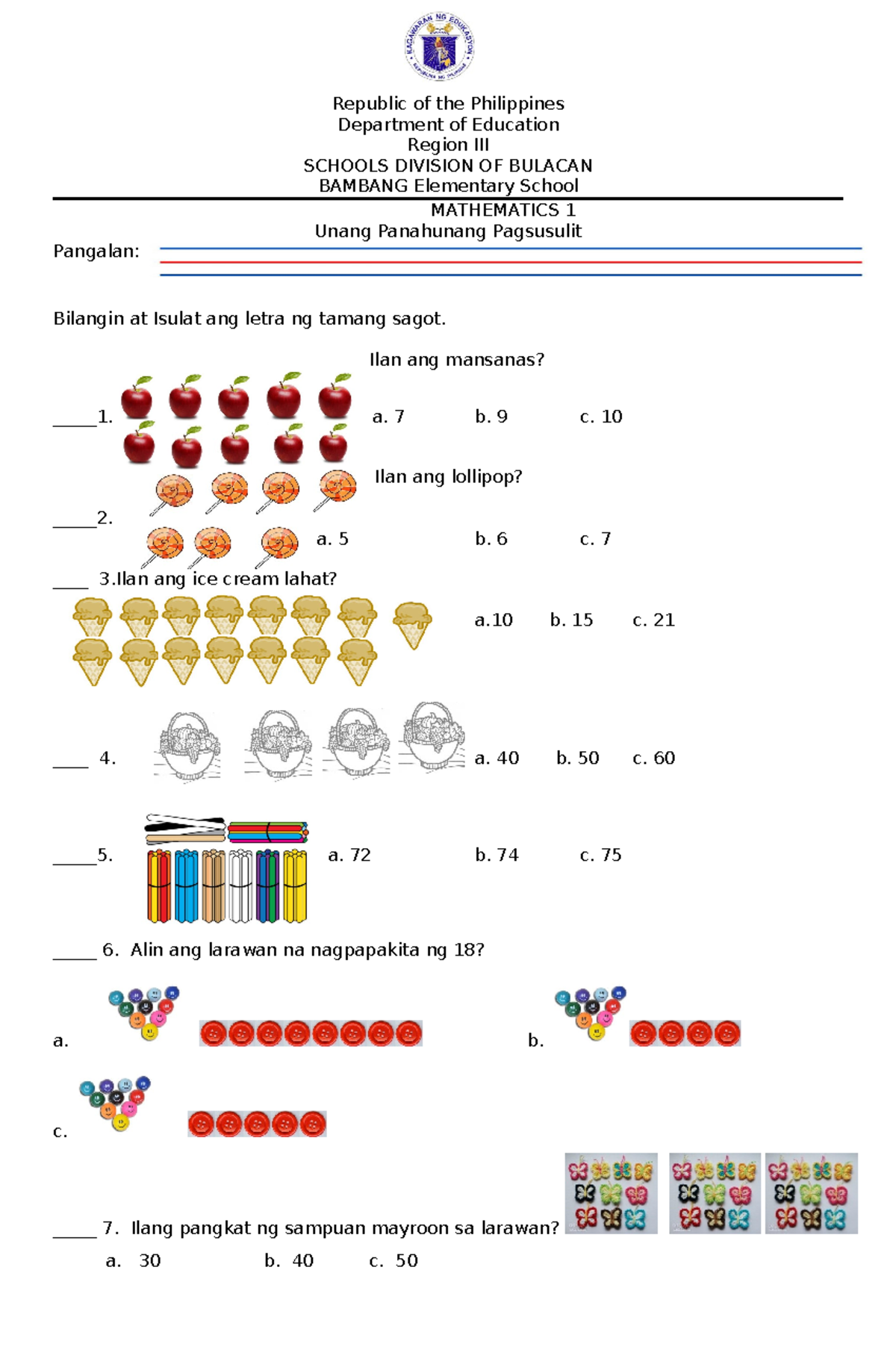 1st Periodical TEST MATH Q1 - Republic of the Philippines Department of ...