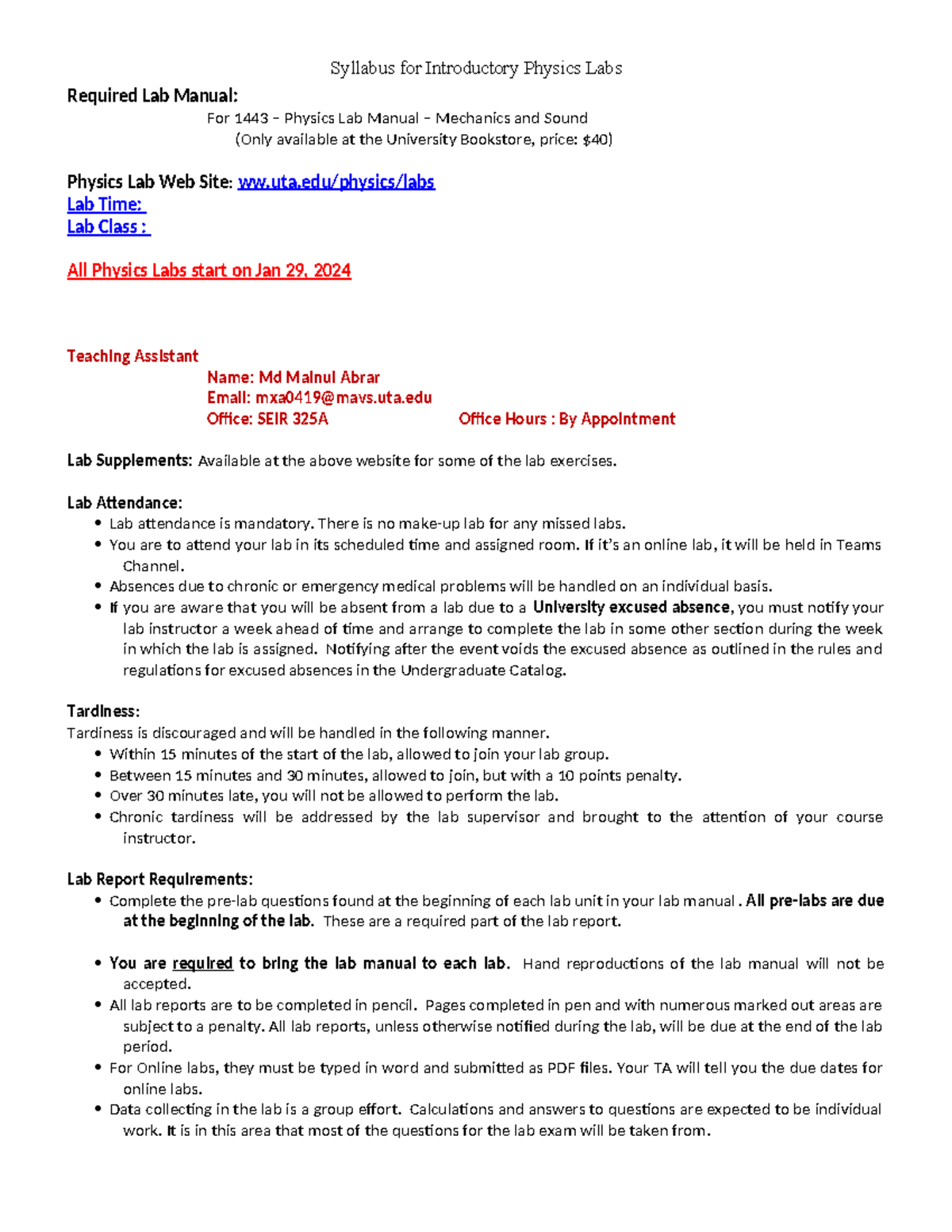 2024- Spring 2242-PHYS-1443-008 - Syllabus for Introductory Physics ...