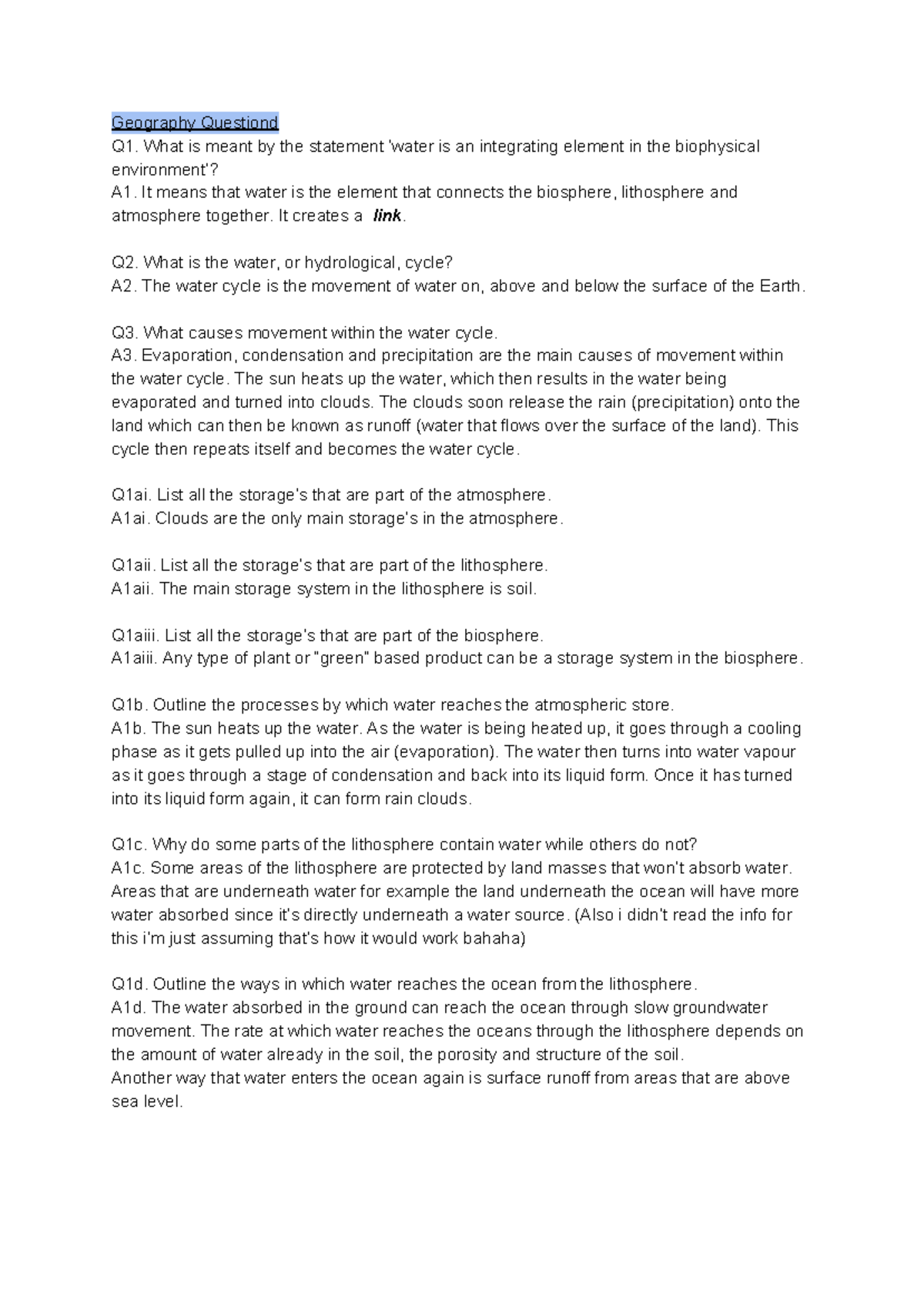 2020 GEO The Water Cycle Homework - Geography Questiond Q1. What is ...