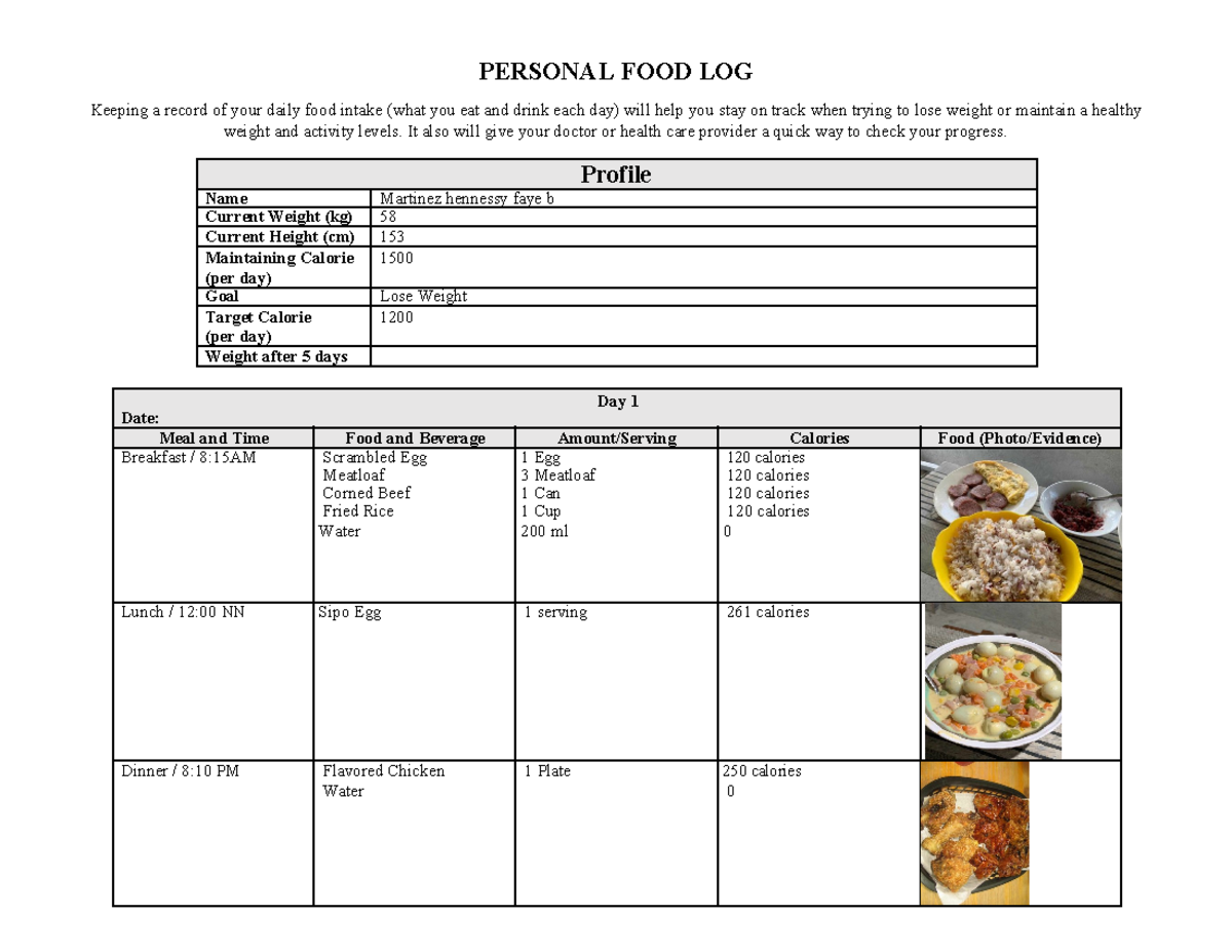 Personal Food Log 2024 - PathFit 103 Food Log - PERSONAL FOOD LOG ...
