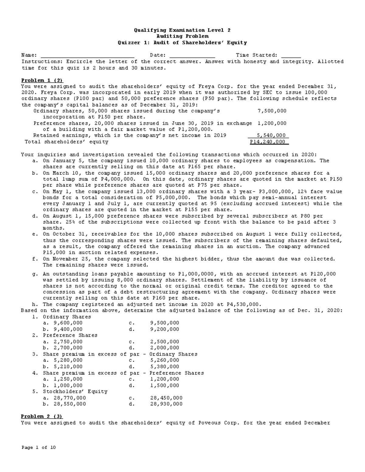 Q1 Audit of Shareholders' Equity - Qualifying Examination Level 2 ...