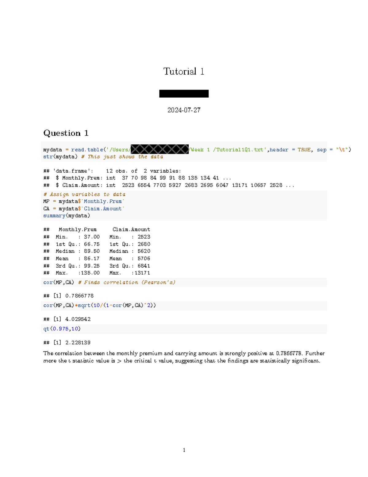 Tutorial 1Ans - etc2560 tut1 - Tutorial 1 2024-07- Question 1 mydata = read(/Users/ /Week 1 ...